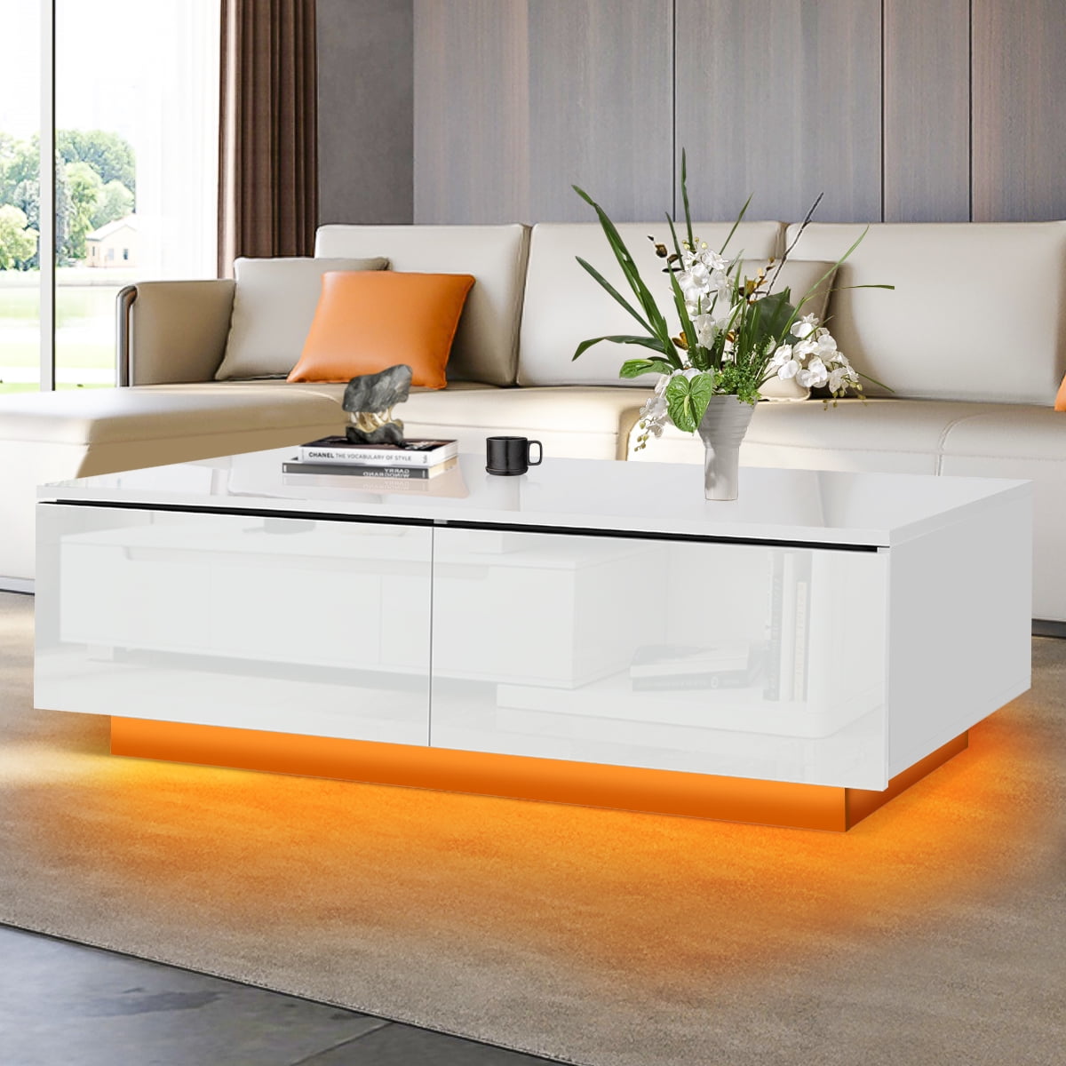 High Gloss Rectangle Coffee Table LED Cocktail Tables with 4 Storage ...