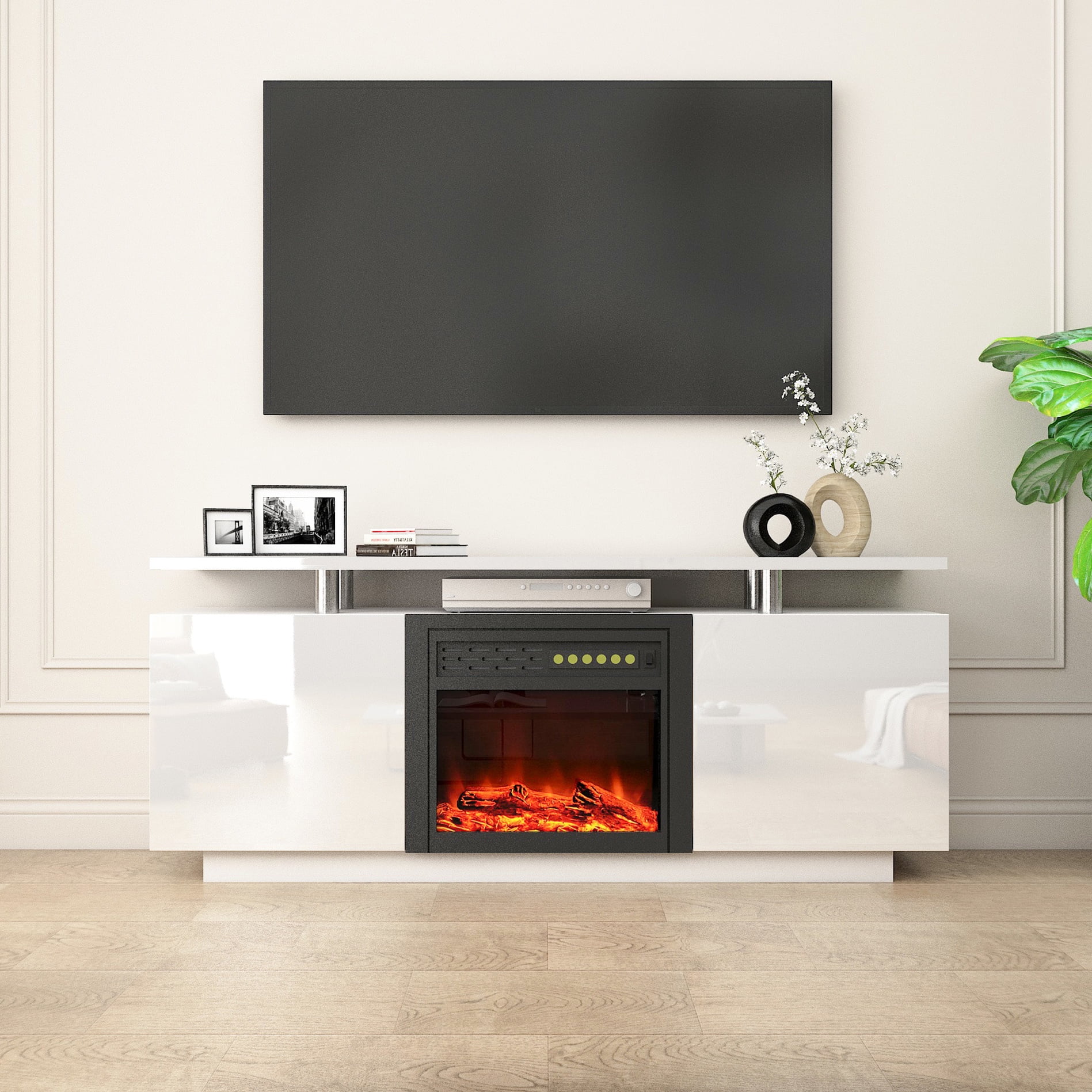 High Gloss Tv Stand With Fireplace Function - 9 Color Flames & Logs, 750/1500w, 5 Temp Levels, 1 ...