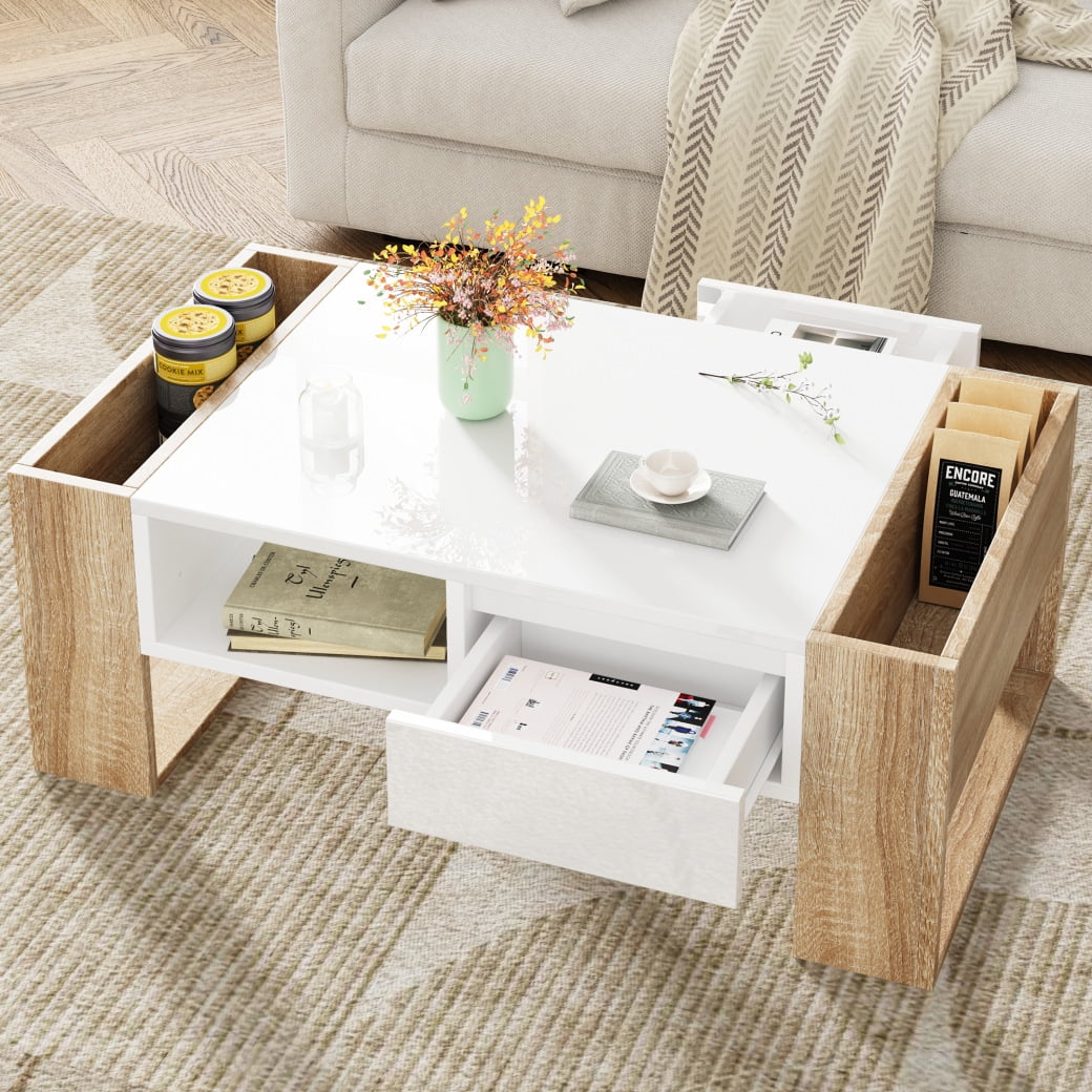 High Glossy Coffee Table with 2 Drawers, Rectangular Center Table with ...