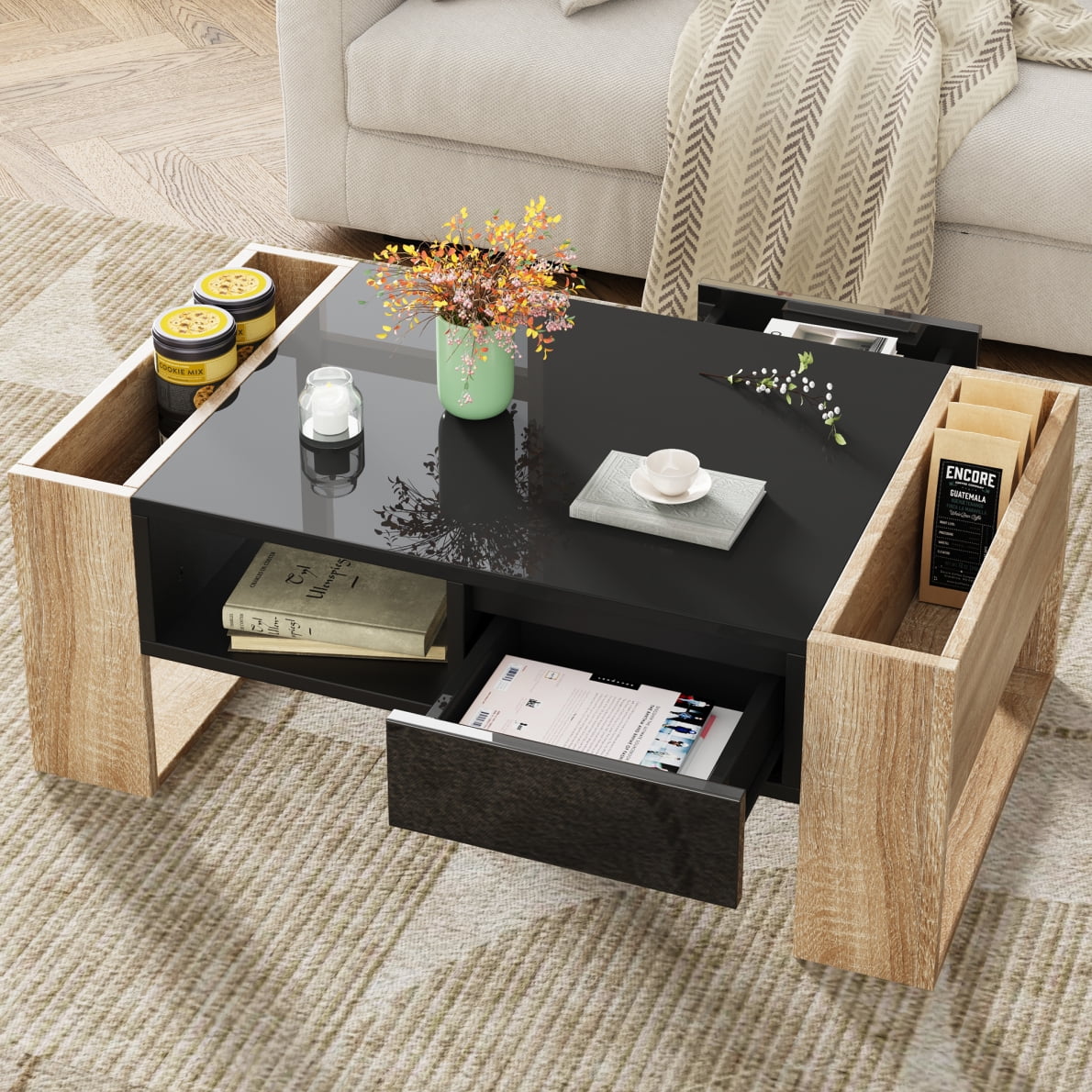 High Glossy Coffee Table with 2 Drawers, Rectangular Center Table with ...