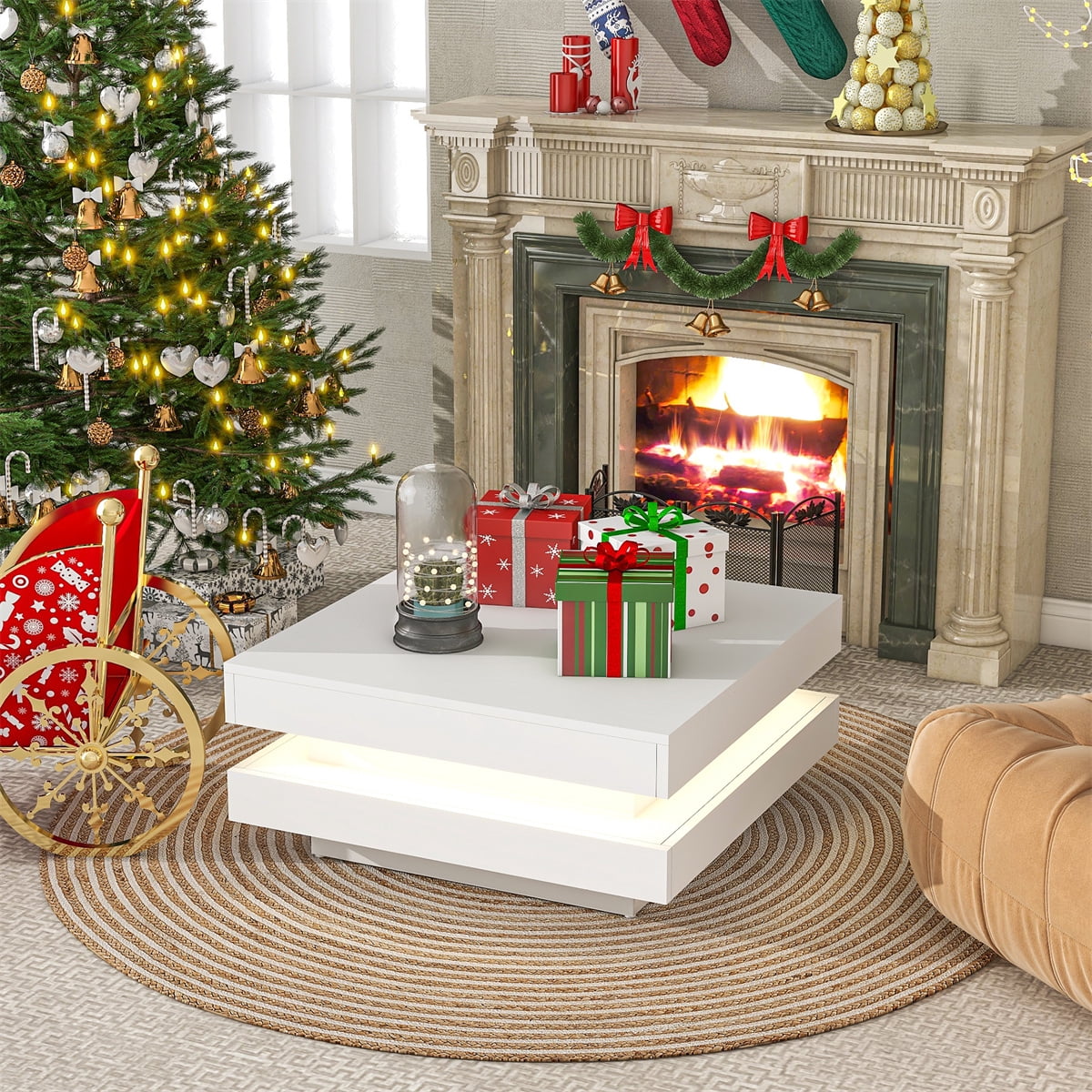 High Glossy Coffee Table, 2-Tier Square Center Table with Plug-in 16 ...