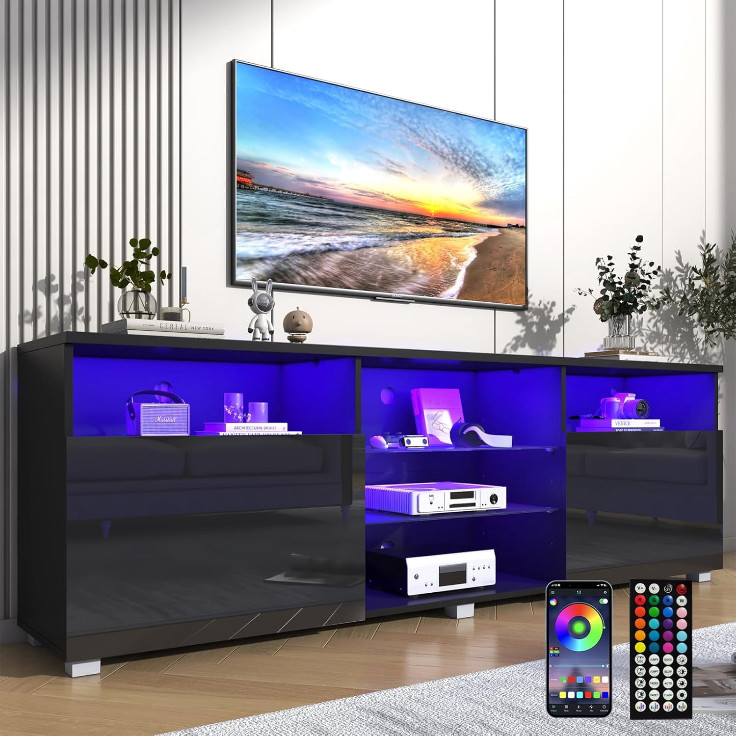 High Glossy LED Black TV Stand for 55/60/65 inch TV,Modern LED ...