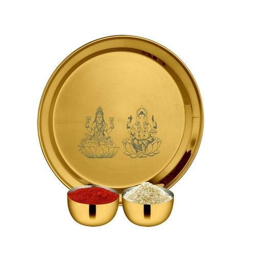 High Grade Stainless Steel Lakshmi & Ganesh Pooja Thali Set With Gold ...