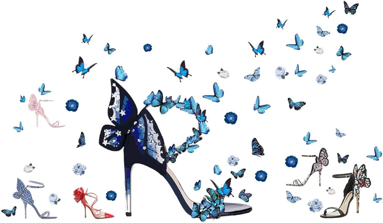High Heels Stickers Blue Butterflies Wall Art Blue Roses Wall Decals ...