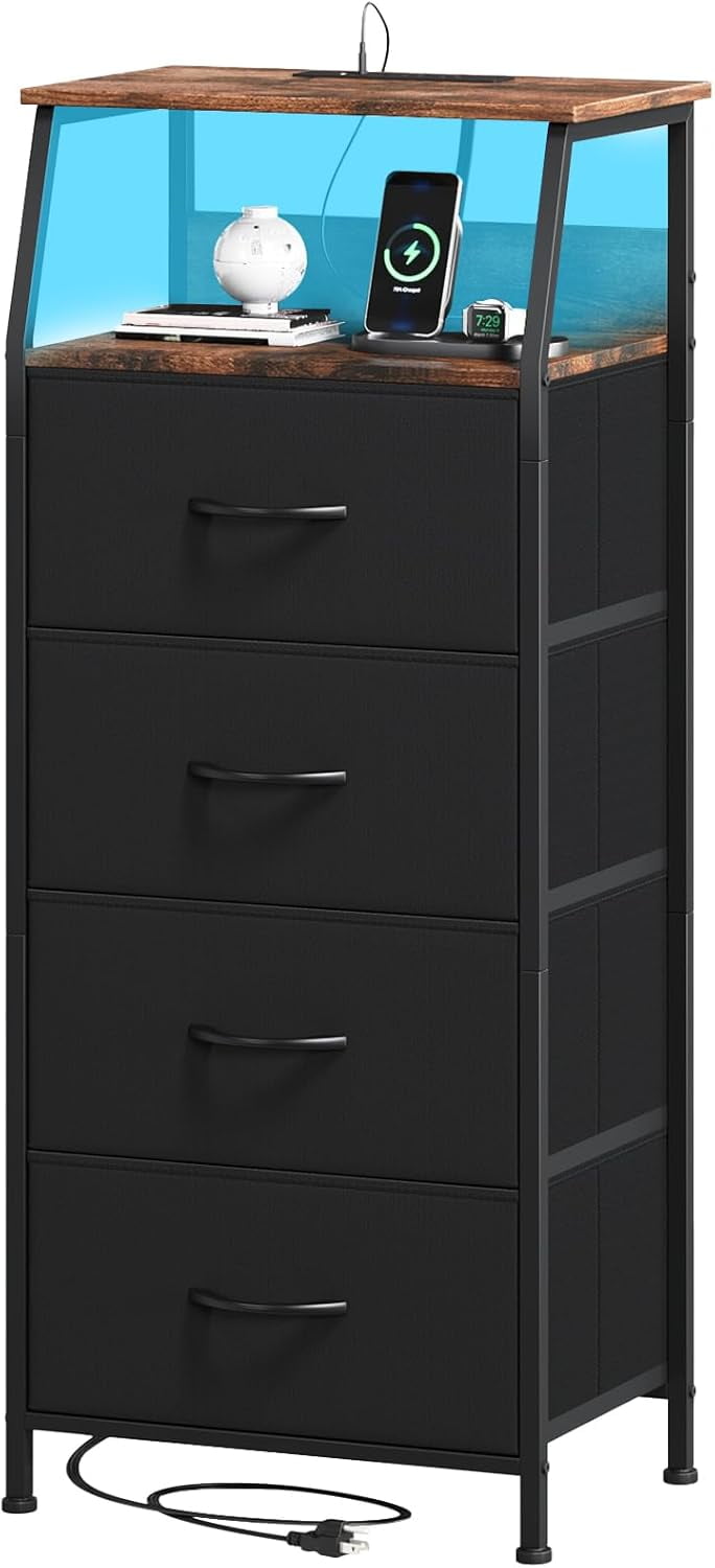 High Leg Bedside Table with Charging Station and LED Light for Bedroom ...