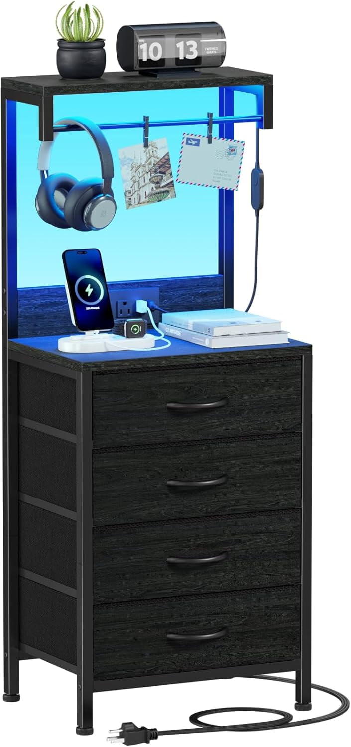 High Leg Bedside Table with Charging Station, Nightstand with LED Light ...