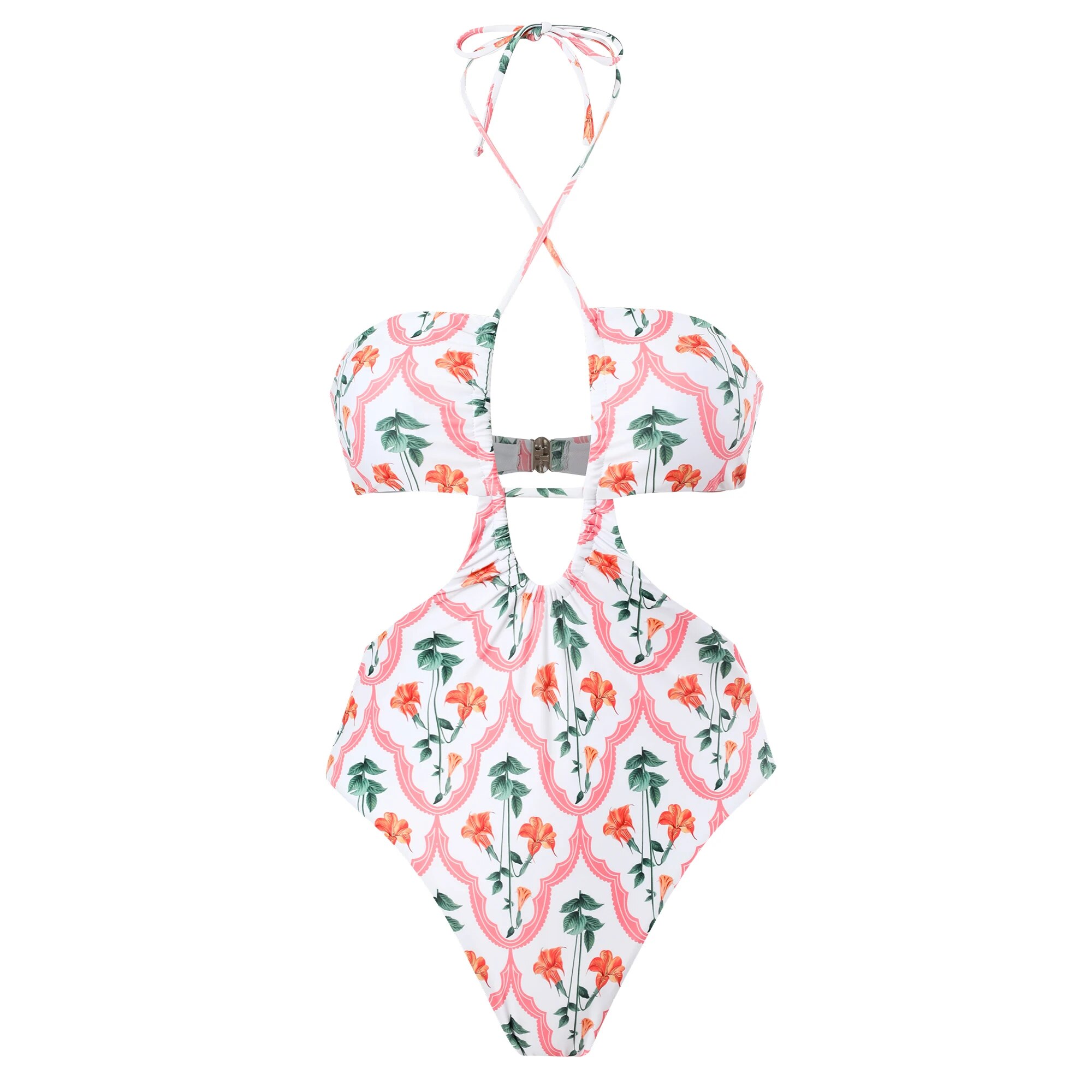High Leg One Piece Swimwear Women Print Swimsuit Cut Out Bathing Suit ...