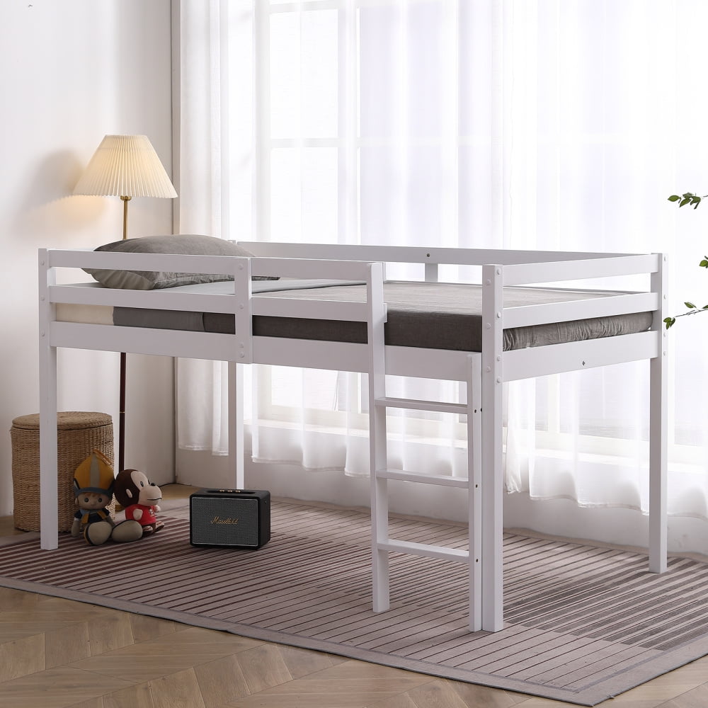 Thowdee Pinewood Twin Loft Bed with Straight Adjustable Ladder and ...