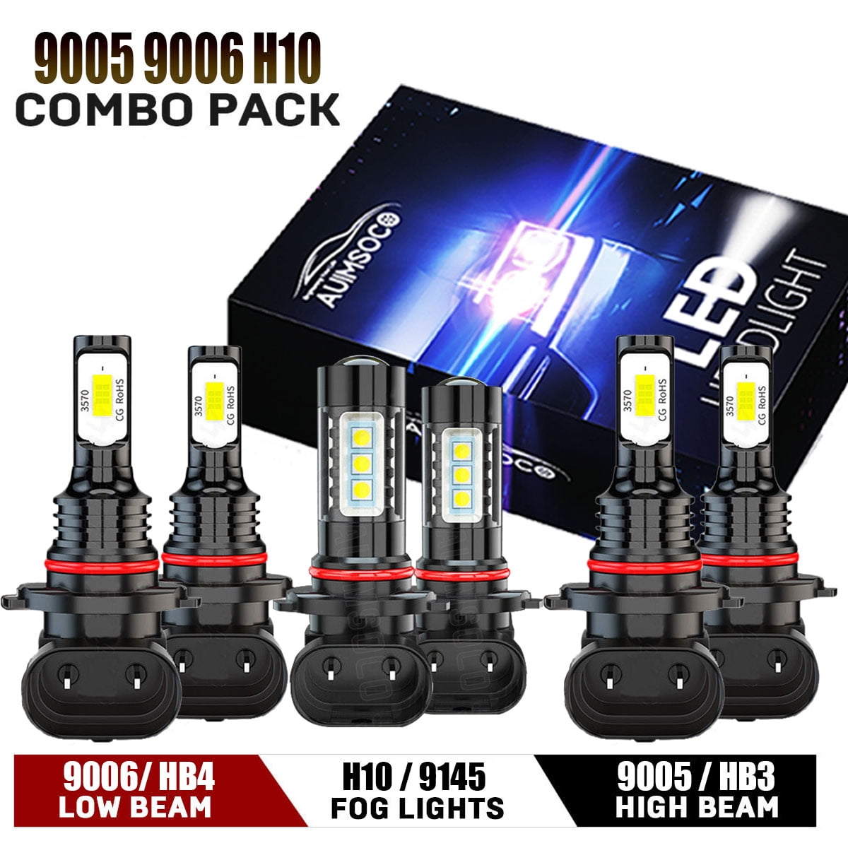 High/Low+Fog Light Combo Kits Bulbs 6Pcs 8000 Lumens Cool White 9005 ...