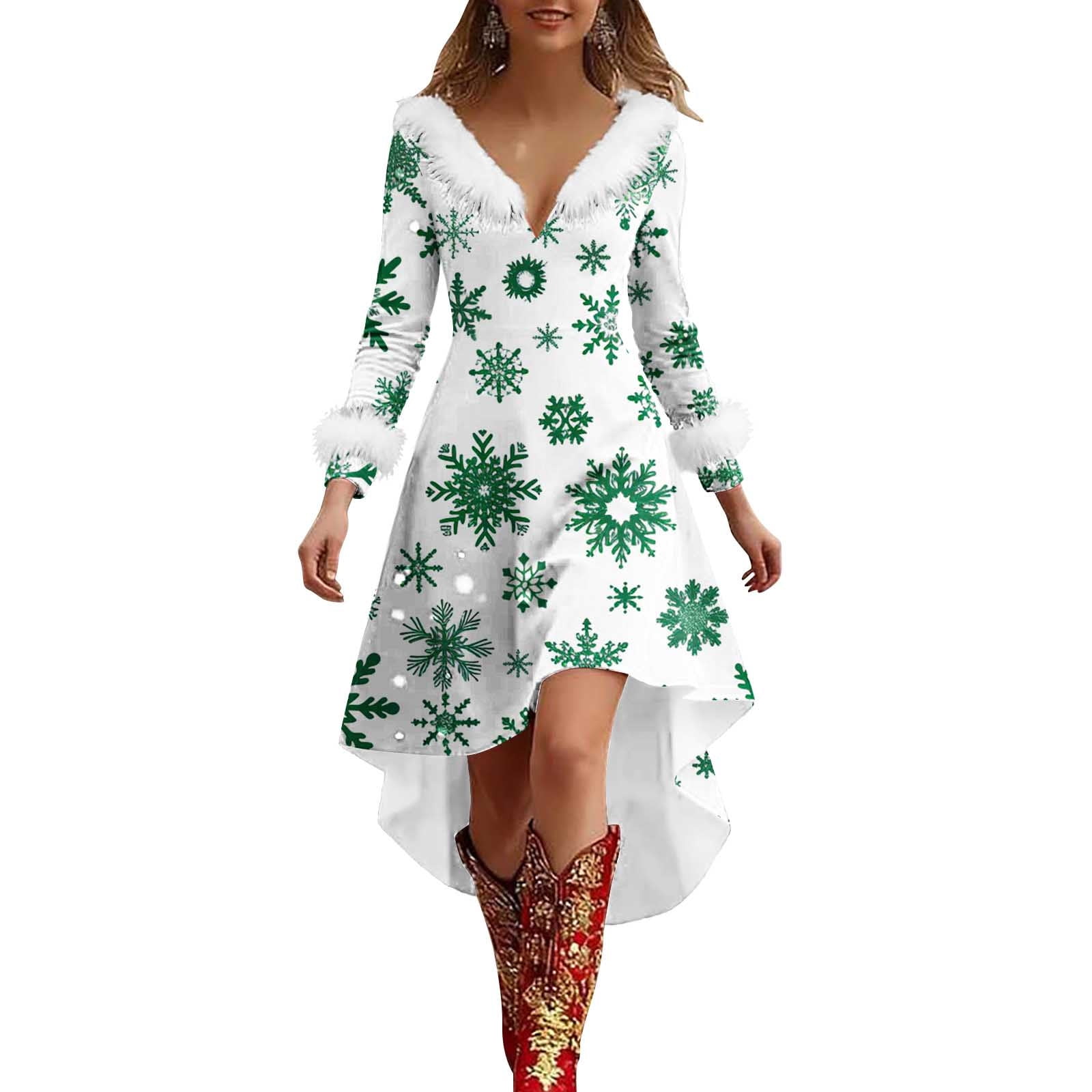 High Low Hem Christmas Dresses for Women Long Sleeve Furry V-Neck ...
