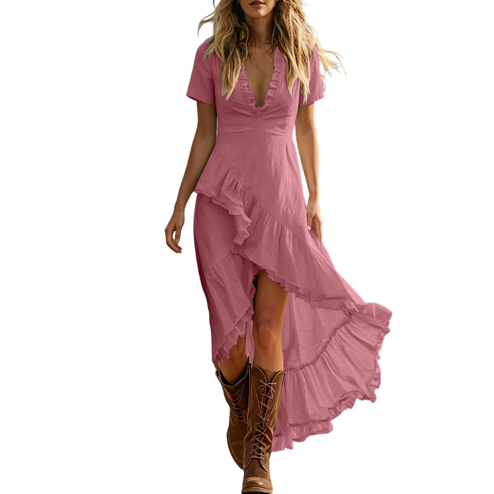 High-Low Maxi Dress for Women V-Neck Ruffle Trim Short Sleeve Dresses ...