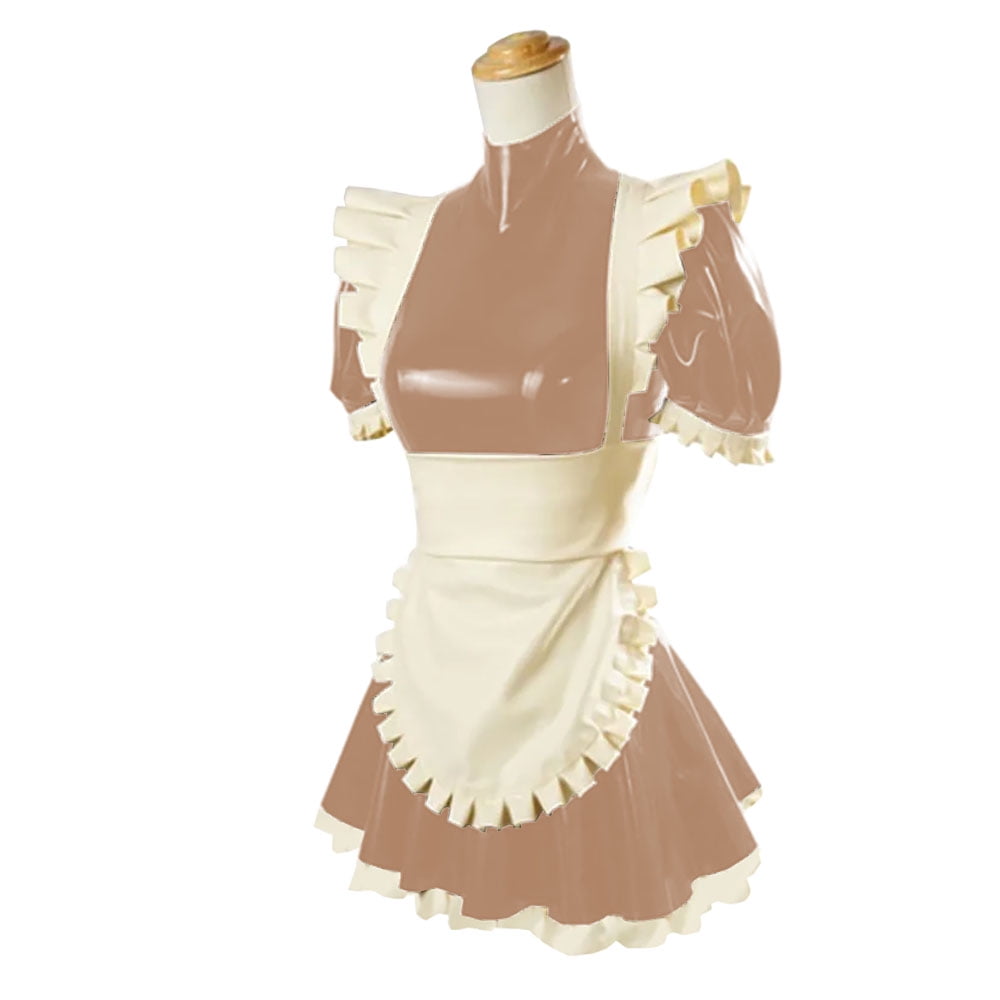 High Neck Apron Maid Dress Vinyl PVC Leather Short Sleeve Maid Uniforms ...