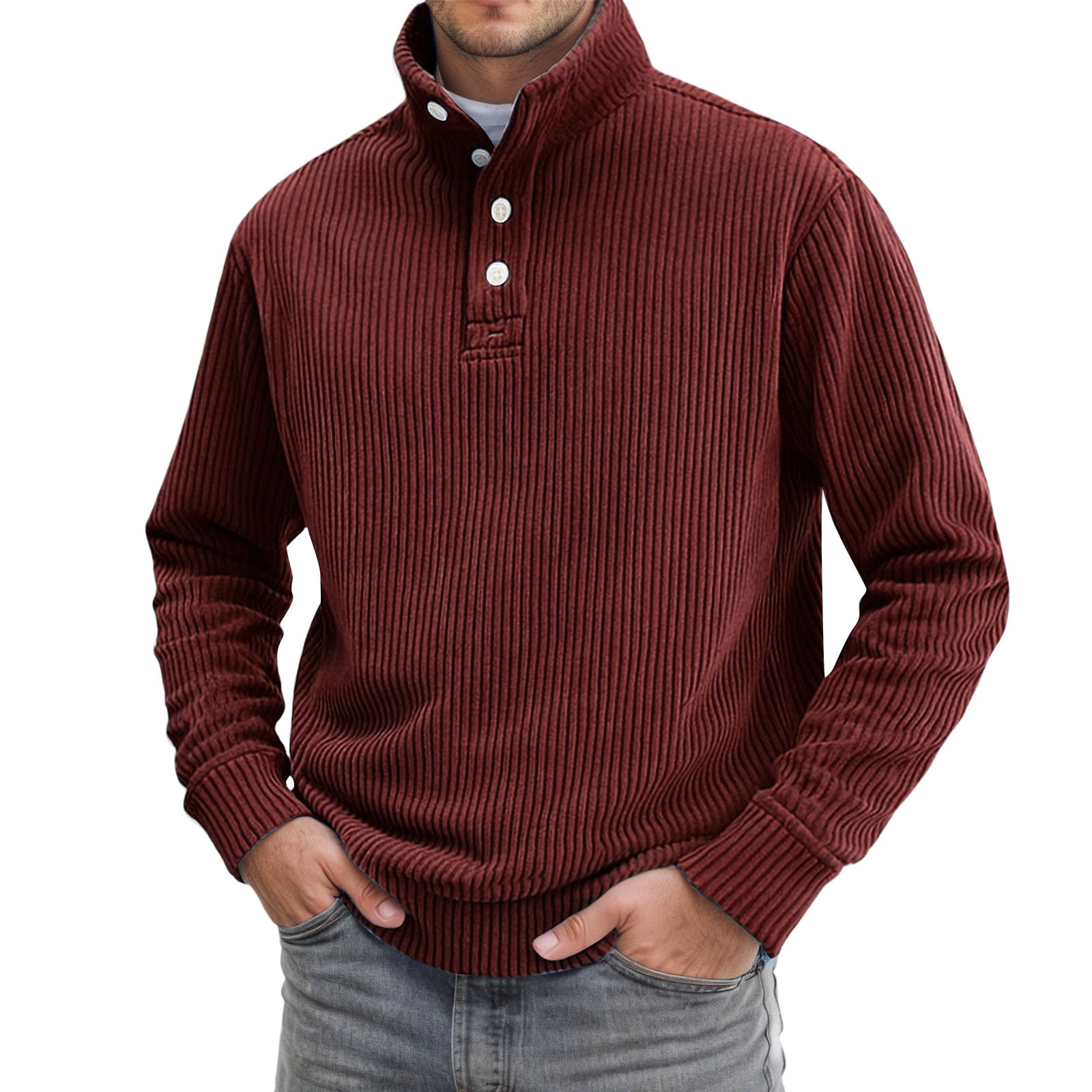 High Neck Long Sleeve Sweatshirt With Four Button Placket Color Digital ...