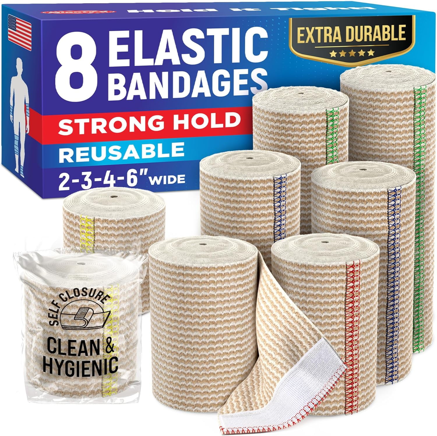 High-Performance Elastic Bandage Wrap - 8pk (2x2in, 2x3in, 2x4in, 2x6in ...