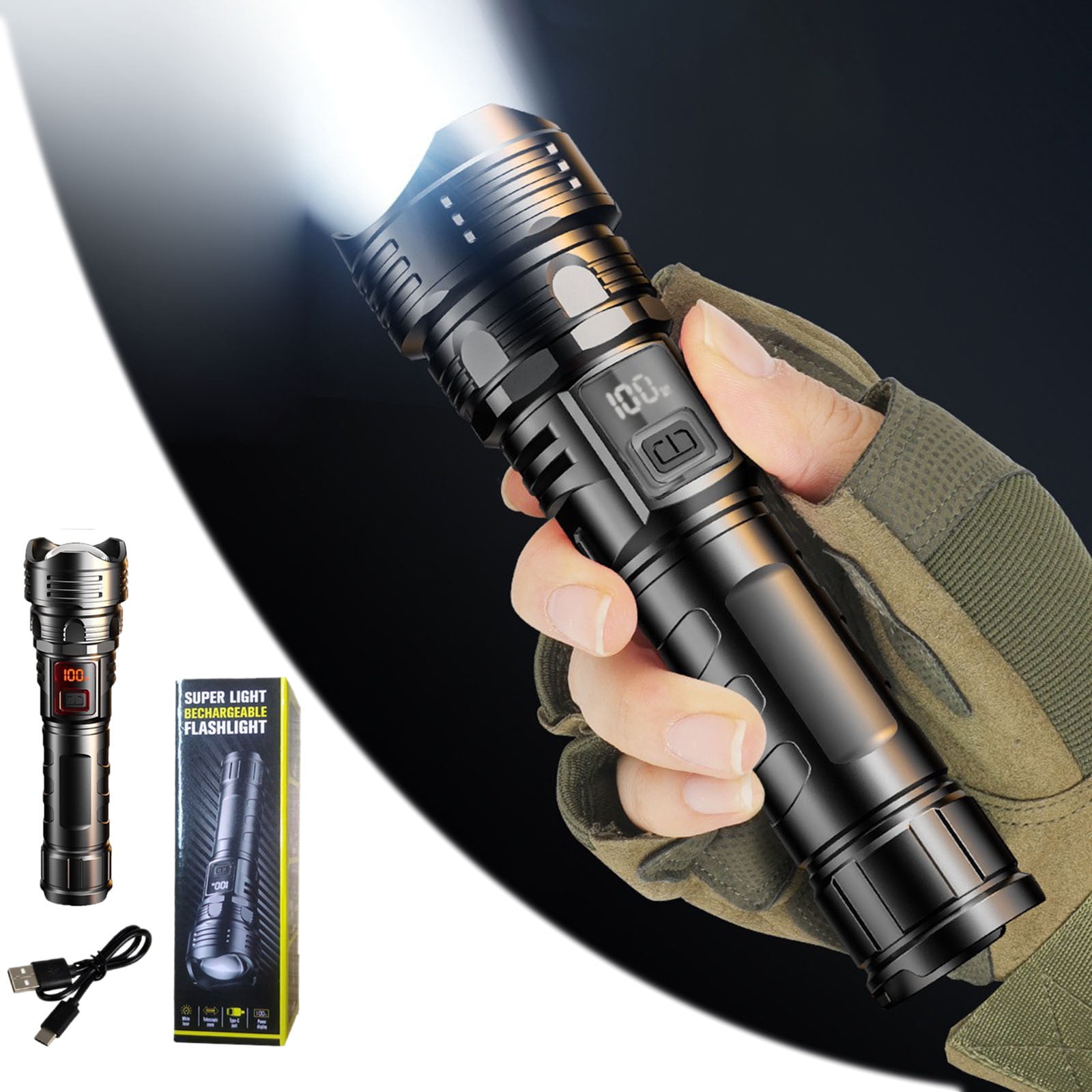 High Performance Flashlight S008 White Flashlight Rechargeable Zoomable LED Torch with Digital ...