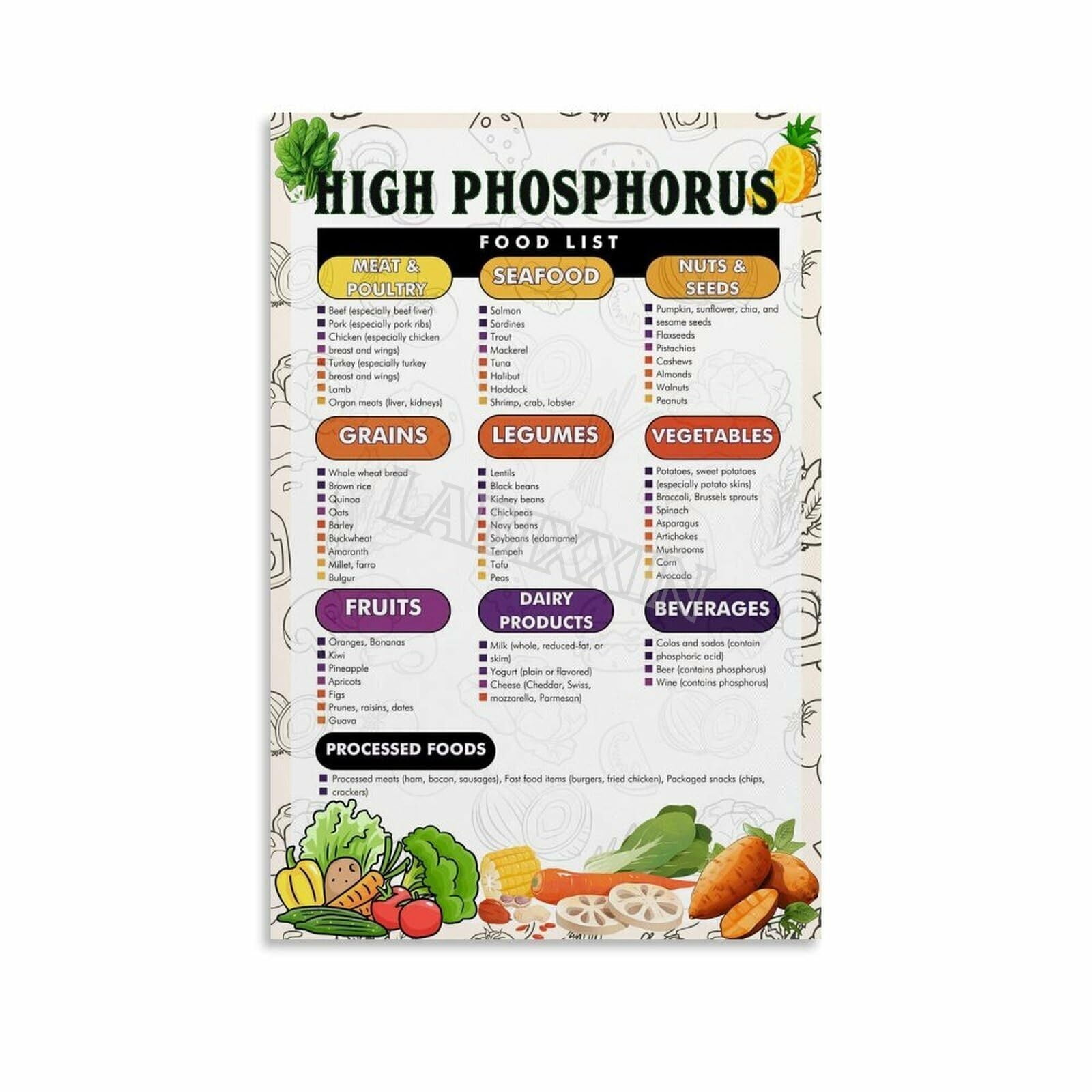 High Phosphorus Food List Poster Kitchen Healthy Diet Wall Art Canvas ...