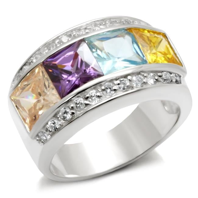 High-Polished 925 Sterling Silver Ring with AAA Grade CZ, Multi Color ...