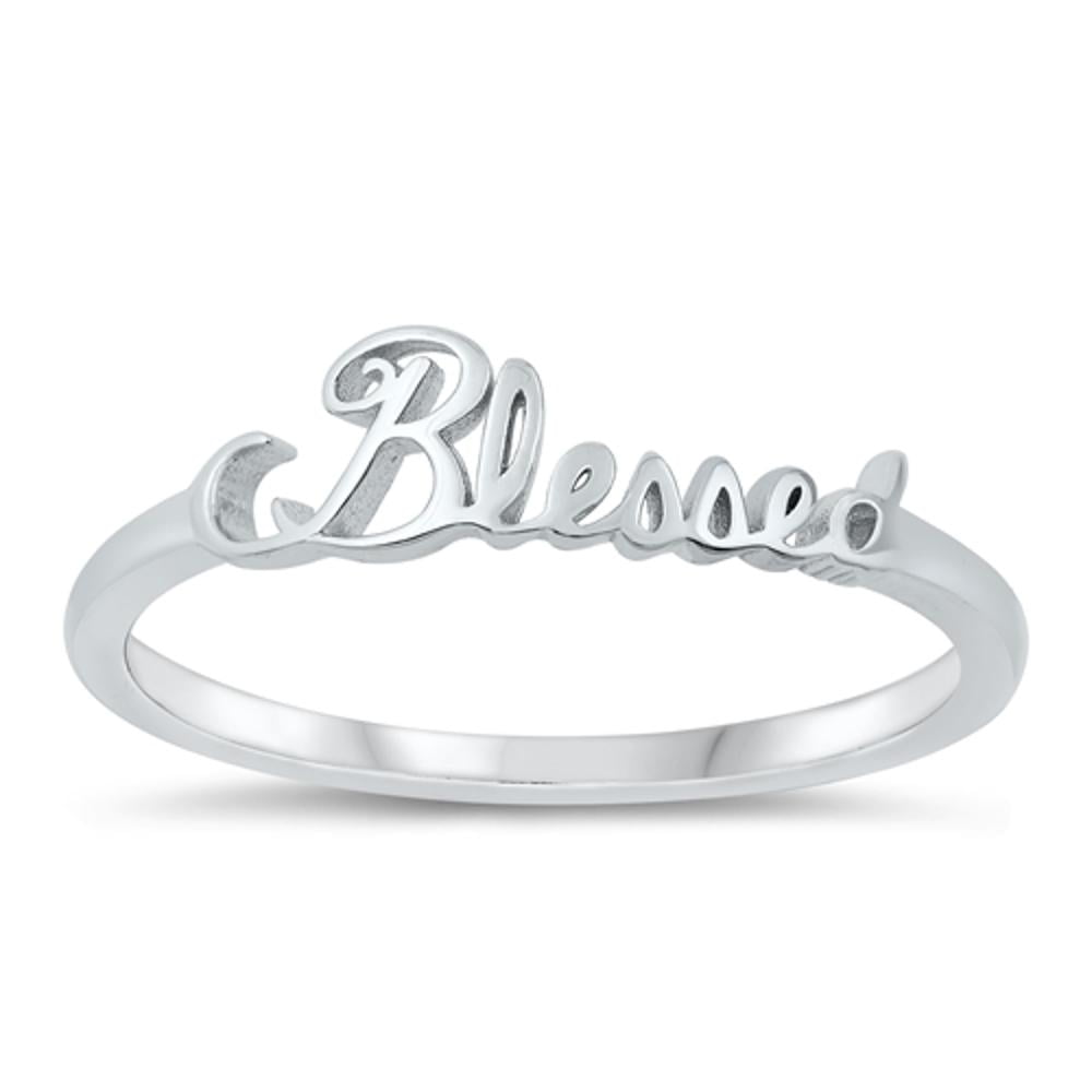 High Polished "Blessed" Ring 925 Script Sterling Silver Band Jewelry ...