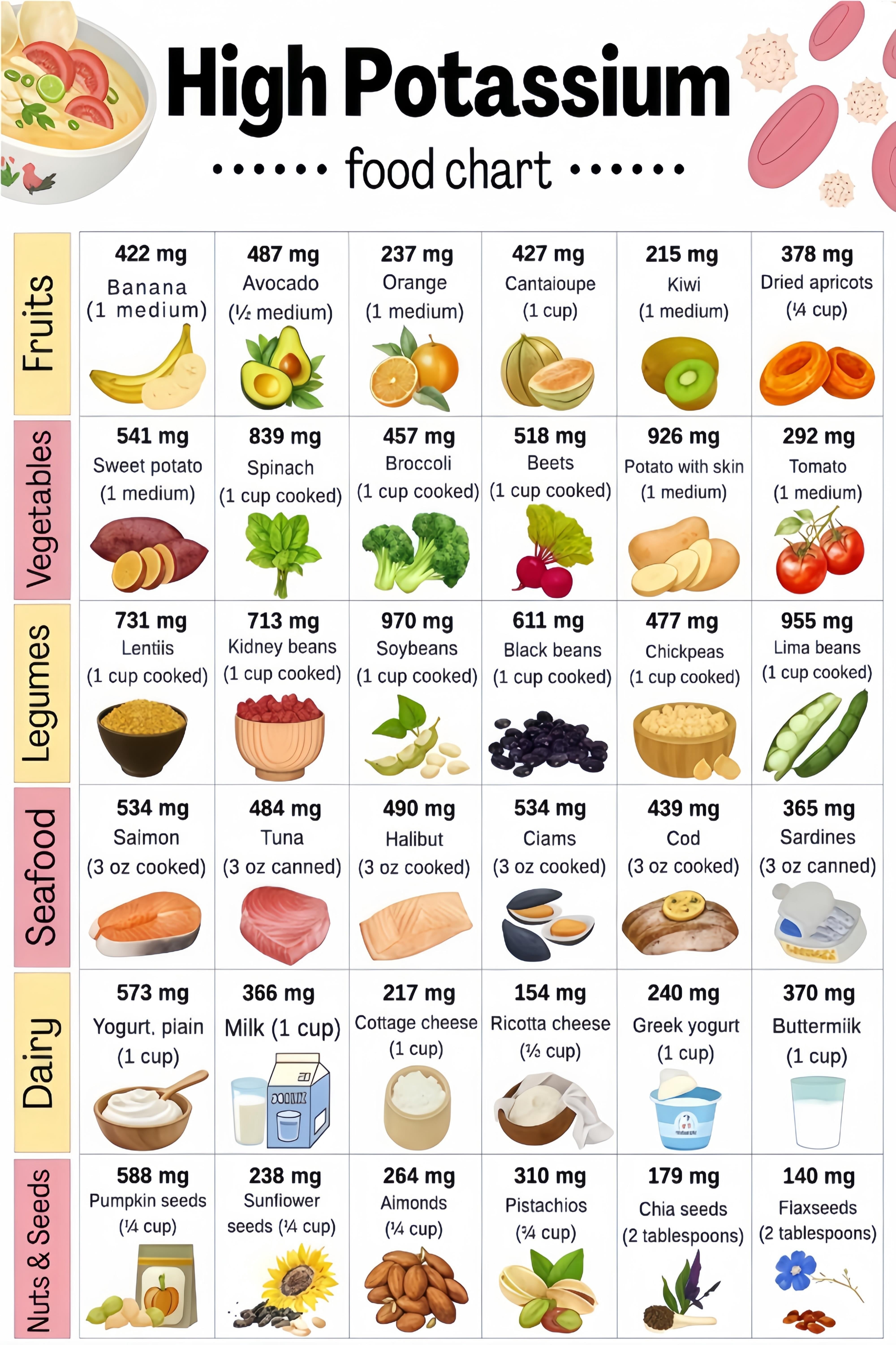 High Potassium Food Chart fruit vegetable protein nutrition Wall poster ...