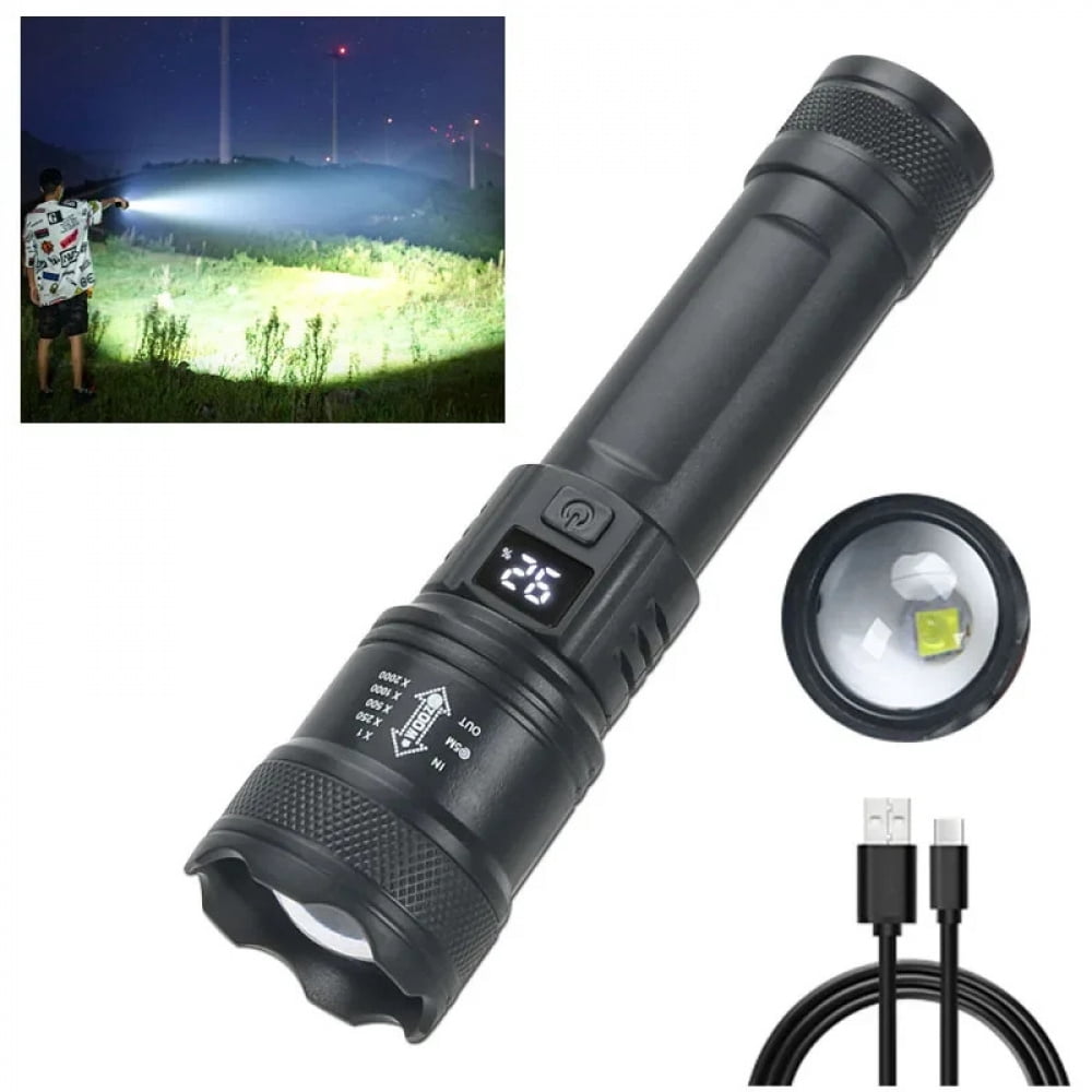 High-Power LED Flashlight 2000LM - Tactical Torch with Display Light ...