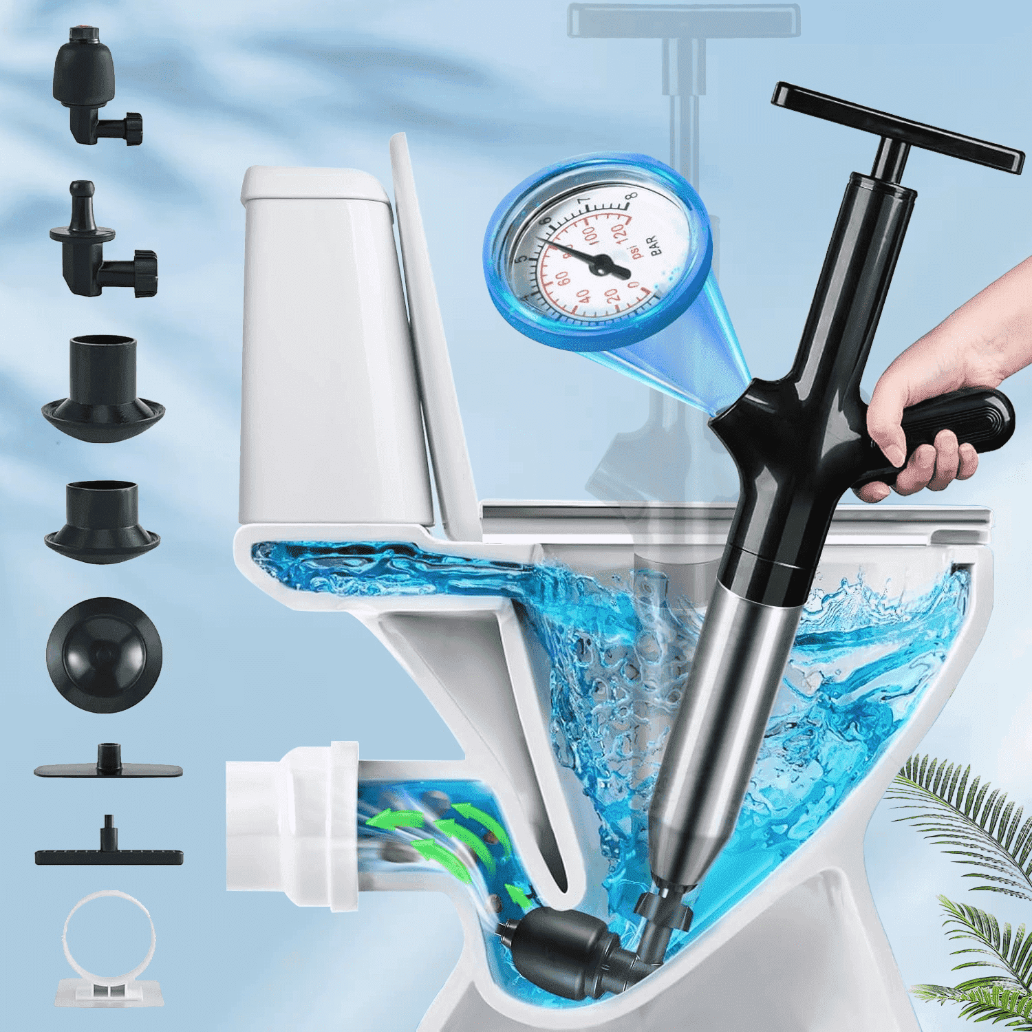 Teblint High Pressure Air Toilet Plunger Stainless Steel Drain Clog ...