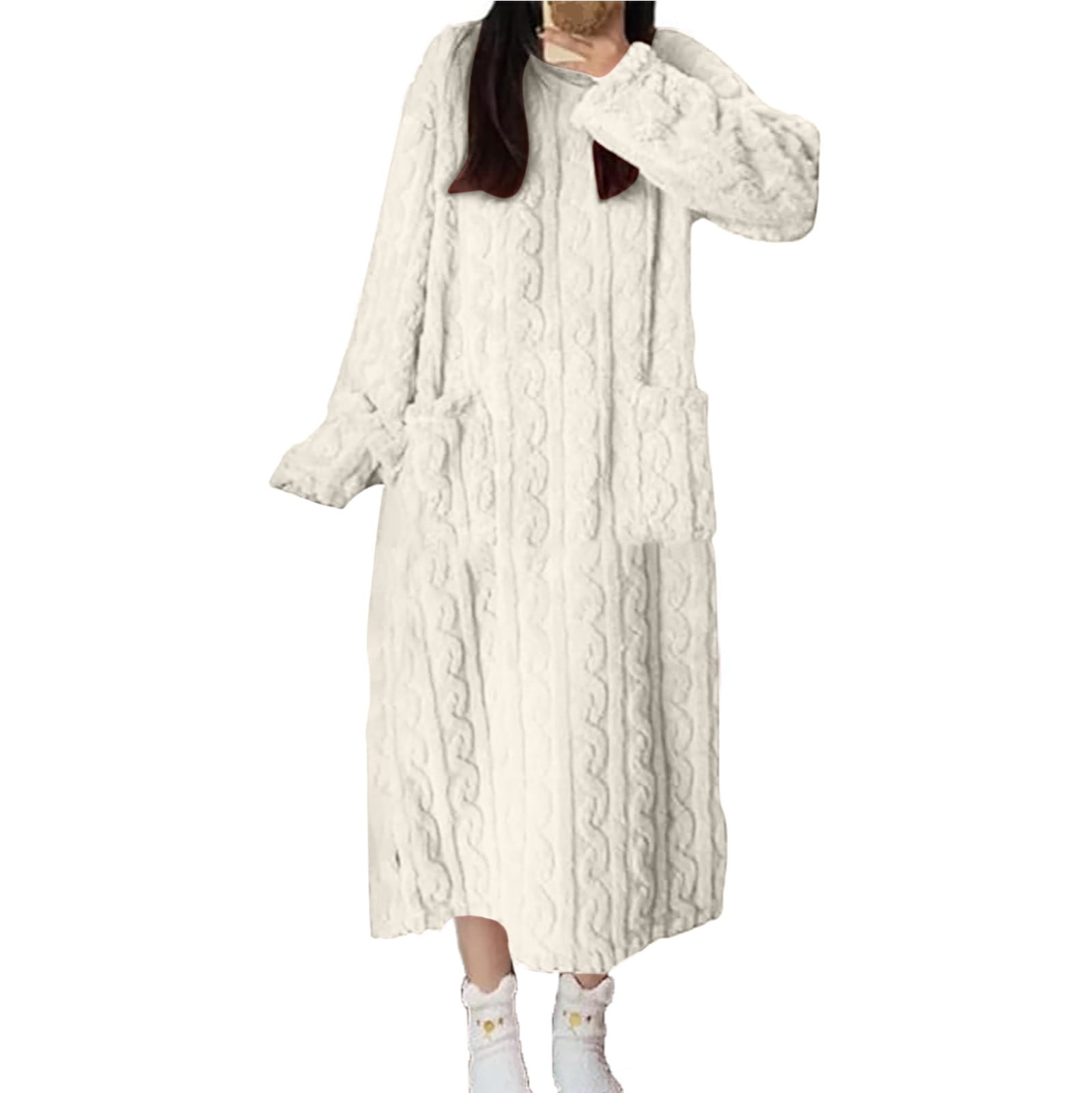 Women Winter Fuzzy Lounge Dress Thermal Flannel Nightgown Fleece Cozy ...
