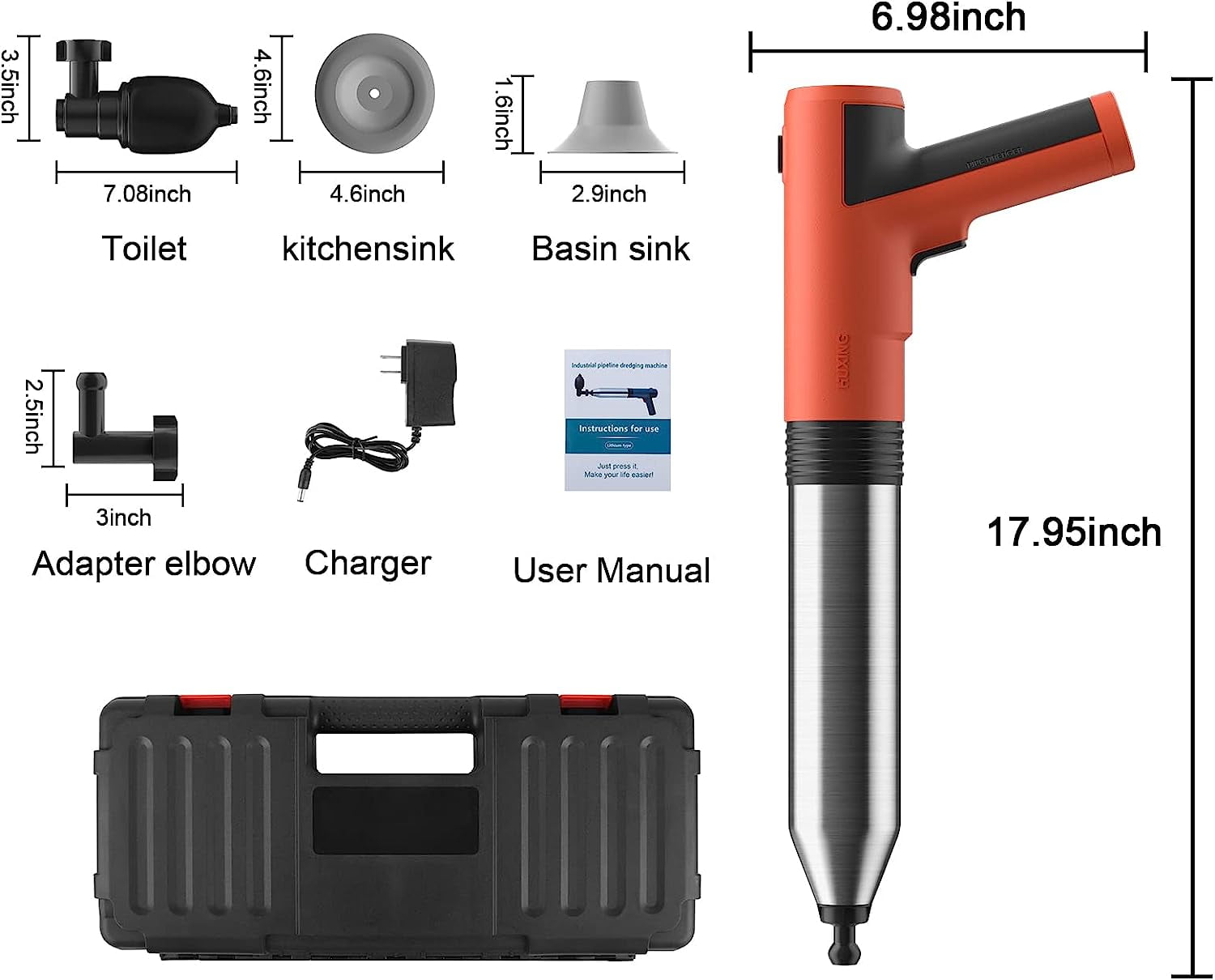 High Pressure Electric Toilet Plunger, Heavy Duty Drain Snake Clog ...