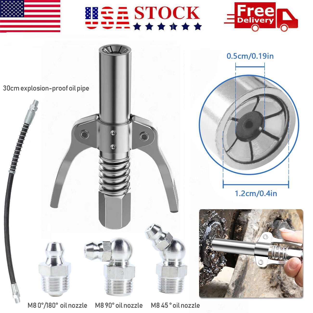 High-Pressure Grease Gun Coupler Kit w/ Adapters - 1/8" NPT, 10,000 PSI ...