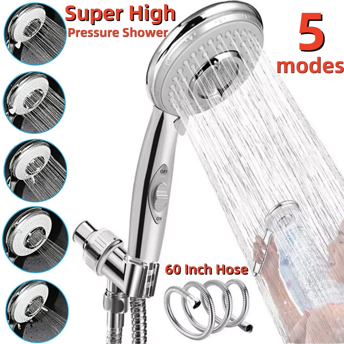 High Pressure Handheld Shower Head with 5 Spray Modes, Chrome Finish ...