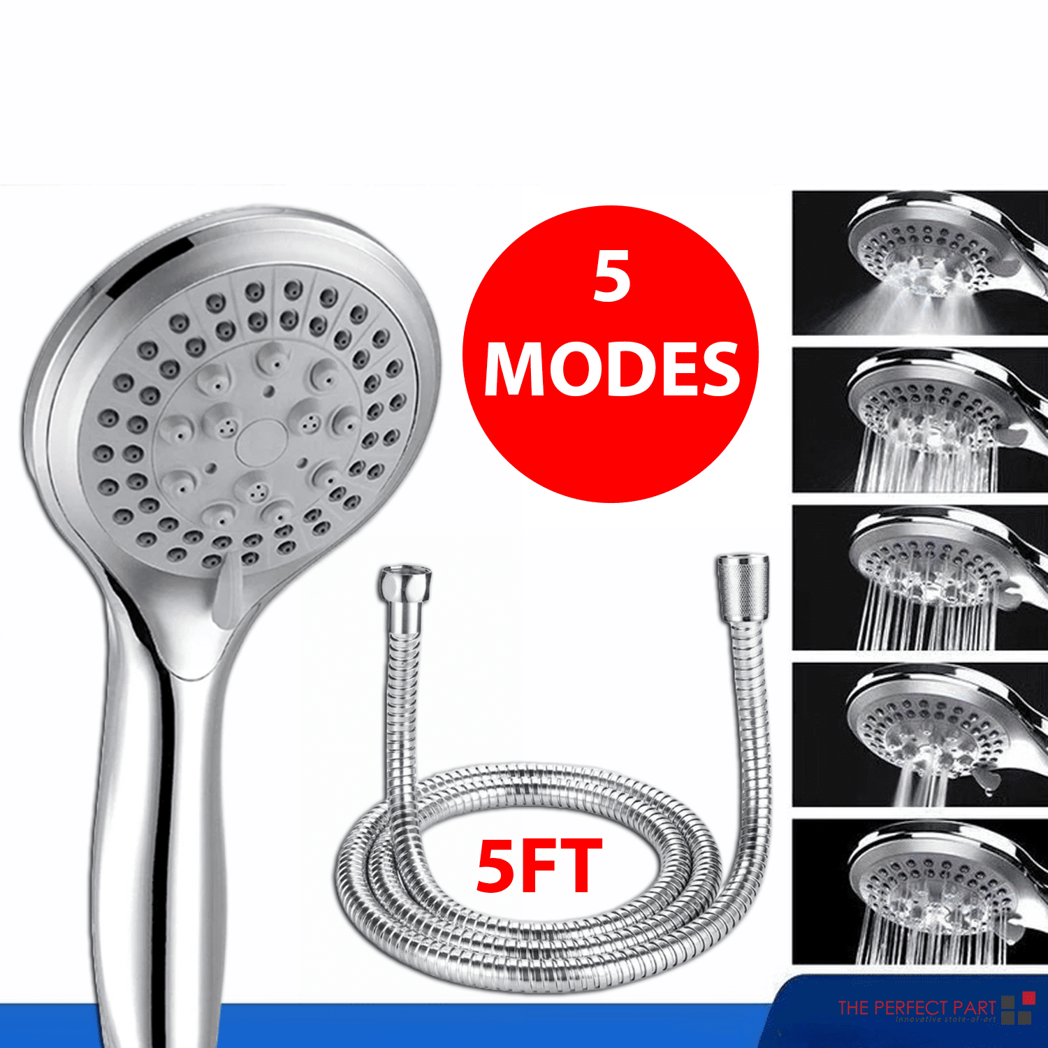 High Pressure Handheld Shower Head, 5 Spray Settings with 5ft Stainless ...