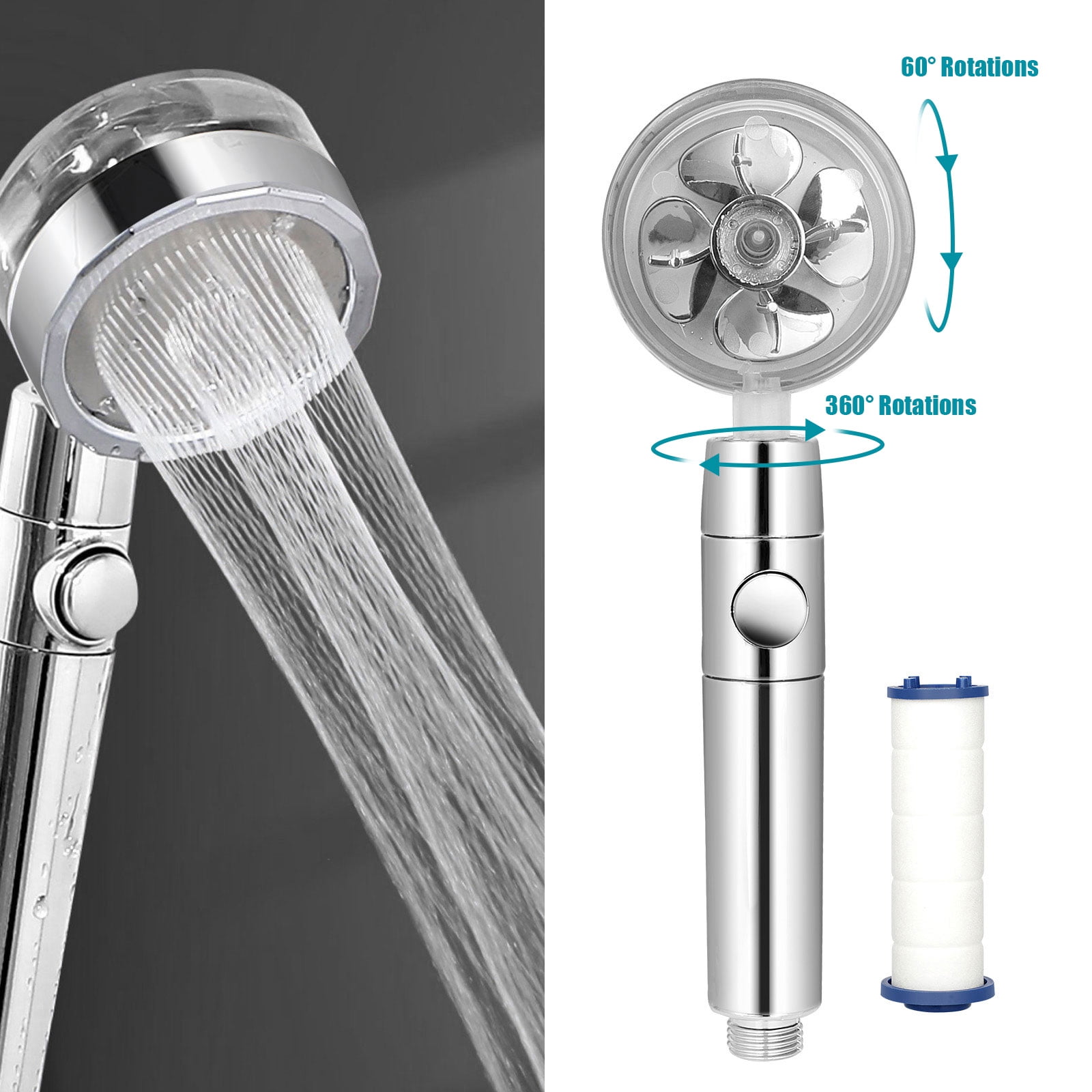 High-Pressure Shower Head Adjustable 360° Rotation Turbine Water Saving ...