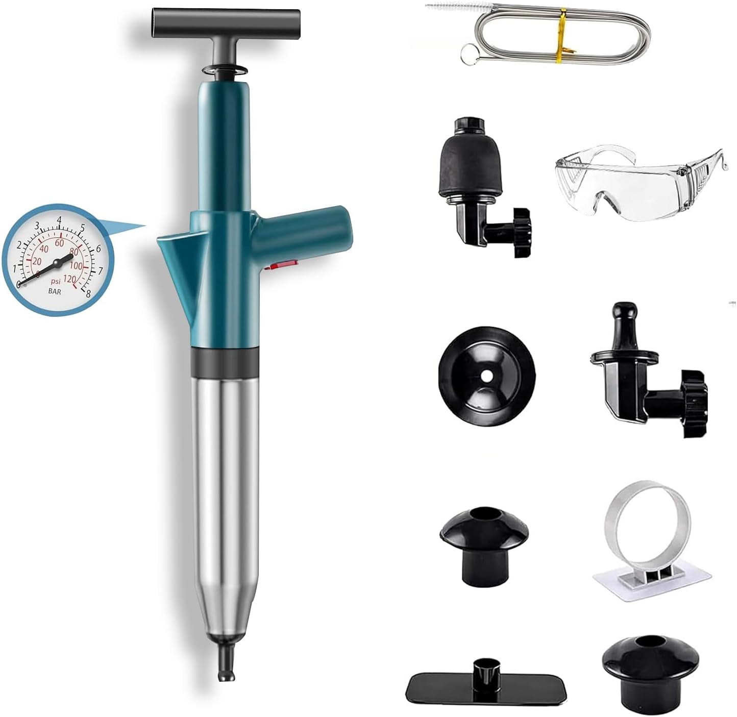 High-Pressure Toilet Plunger & Auger Set - Heavy Duty Drain Snake & Air ...
