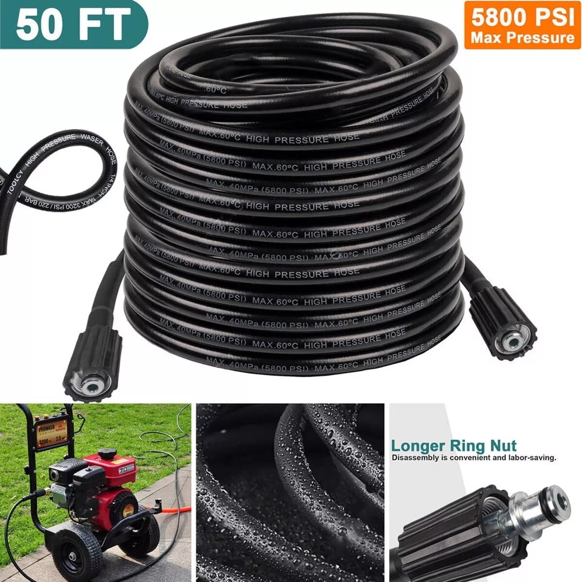 High Pressure Washer Hose 15m/50ft 5800PSI M22-14mm Power Washer ...
