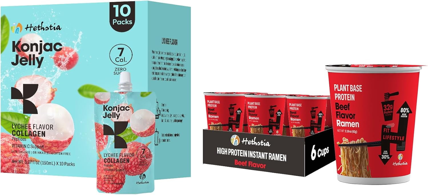 High-Protein Ramen Spicy Beef 6 Pack & Konjac Jelly Lychee 10 Pouches ...