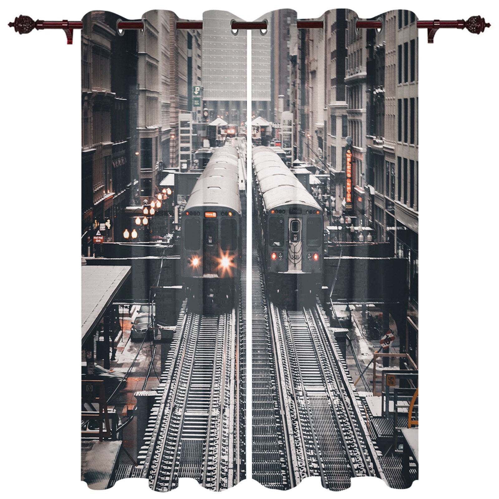 High Quality Home Curtains Snow Mountain Red Train Living Room Bedroom ...