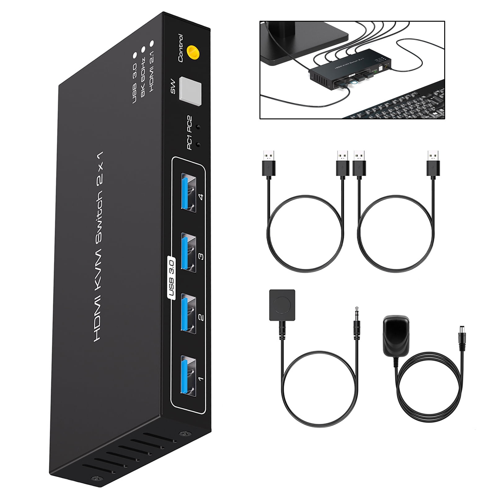 High-Resolution 2x1 HDMI KVM USB Switch 8K@60Hz, External Switch Kit Included for Professional ...