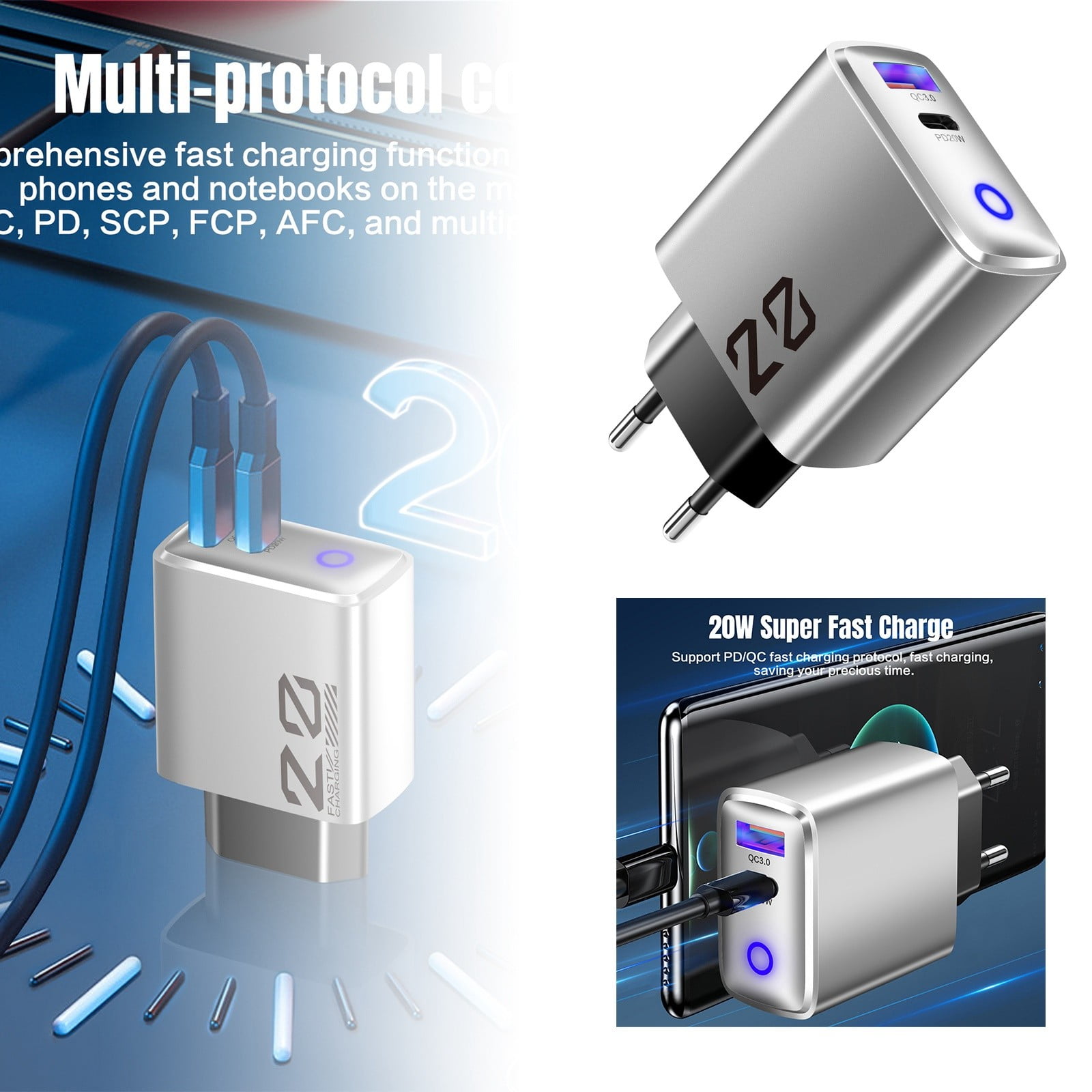 High-Speed 20W Type C Charger with LED Indicator Mini USB and PD Fast ...