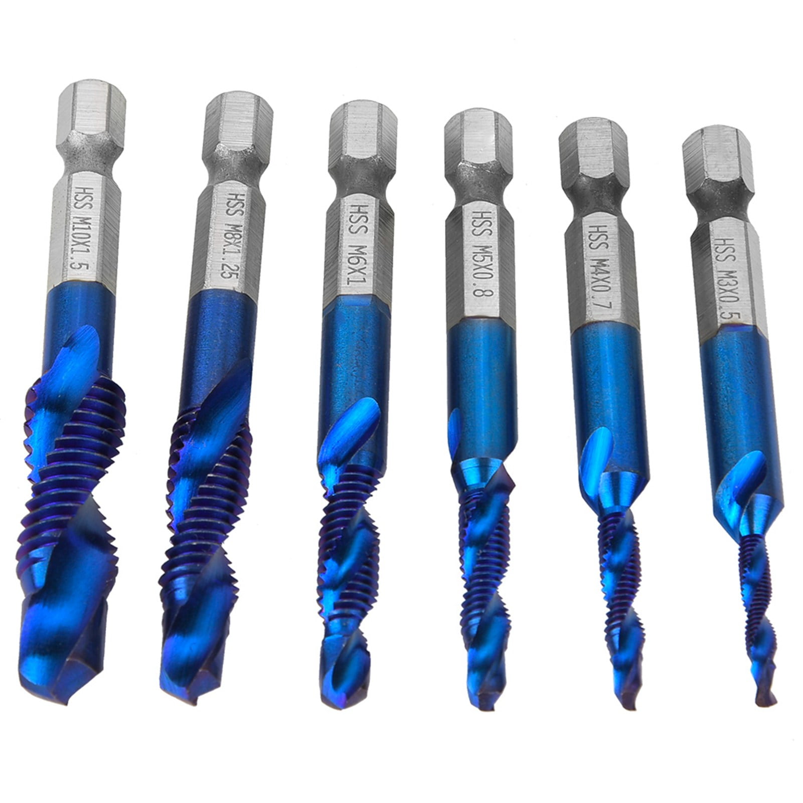 High Speed Steel Hex Shank Tap Drill Bit Set, 6.35mm Shank, M3-M10 ...