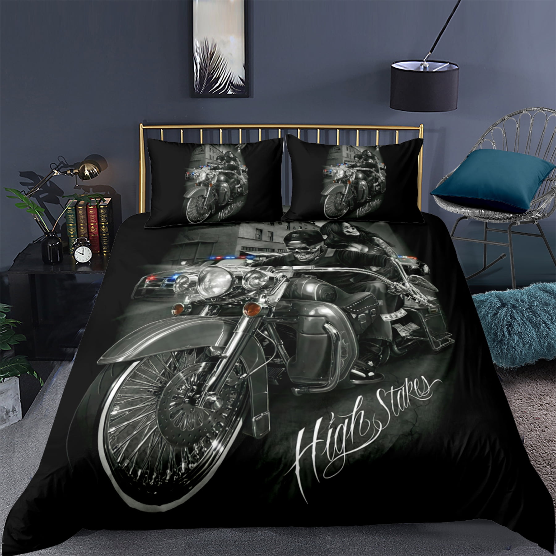 High Stakes Biker Bedding Set Edgy Monochrome Motorcycle Design with ...