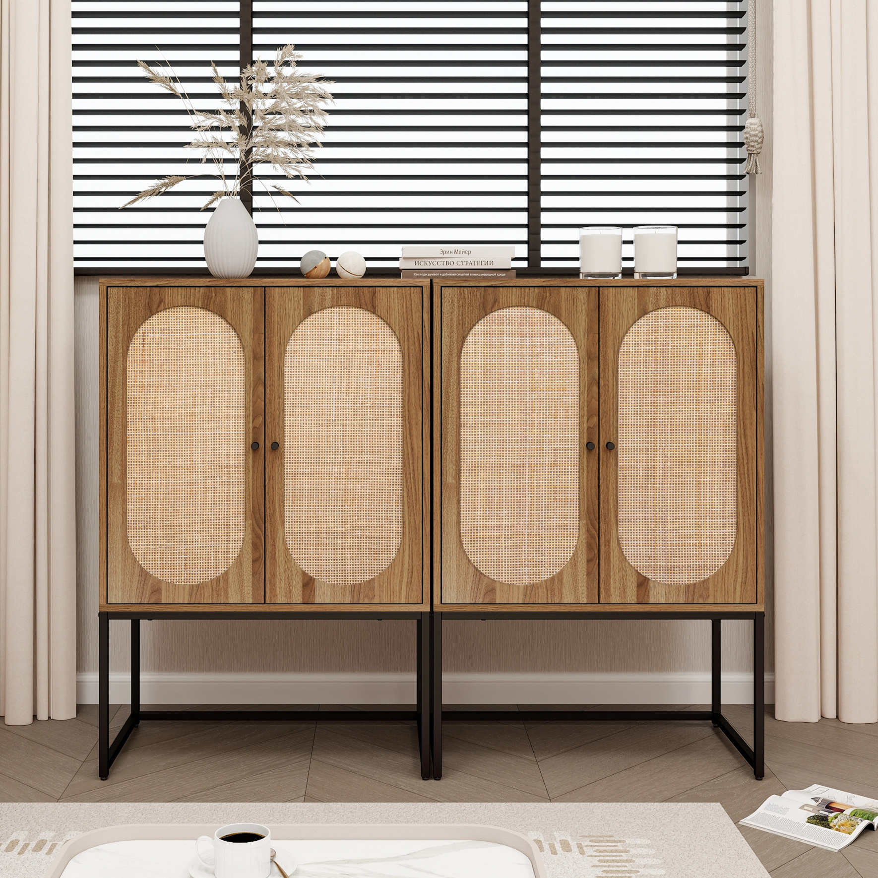 High Storage Cabinet with 2 Rattan Doors, 2-Tier Storage Cabinet with ...