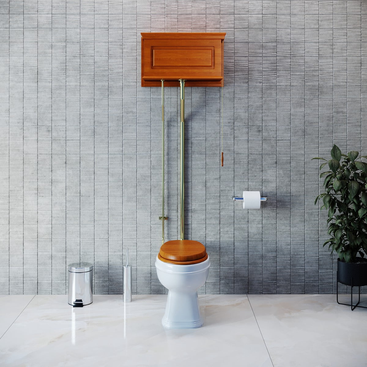 High Tank Pull Chain Toilet Light Mahogany Finish Wooden Raised Tank ...