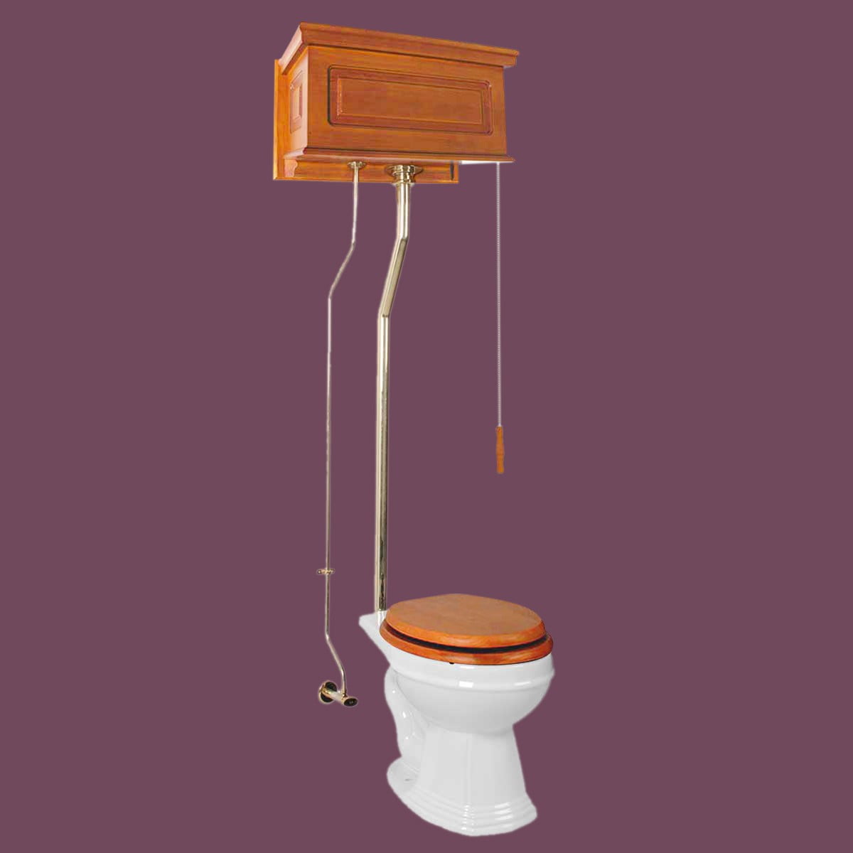 High Tank Pull Chain Toilet Light Mahogany Finish Wooden Raised Tank ...