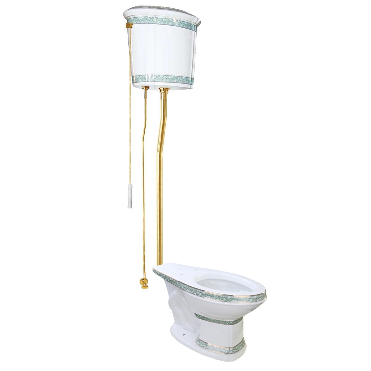 High Tank Pull Chain Toilet Porcelain White China Finish w/Brass L Pipe ...