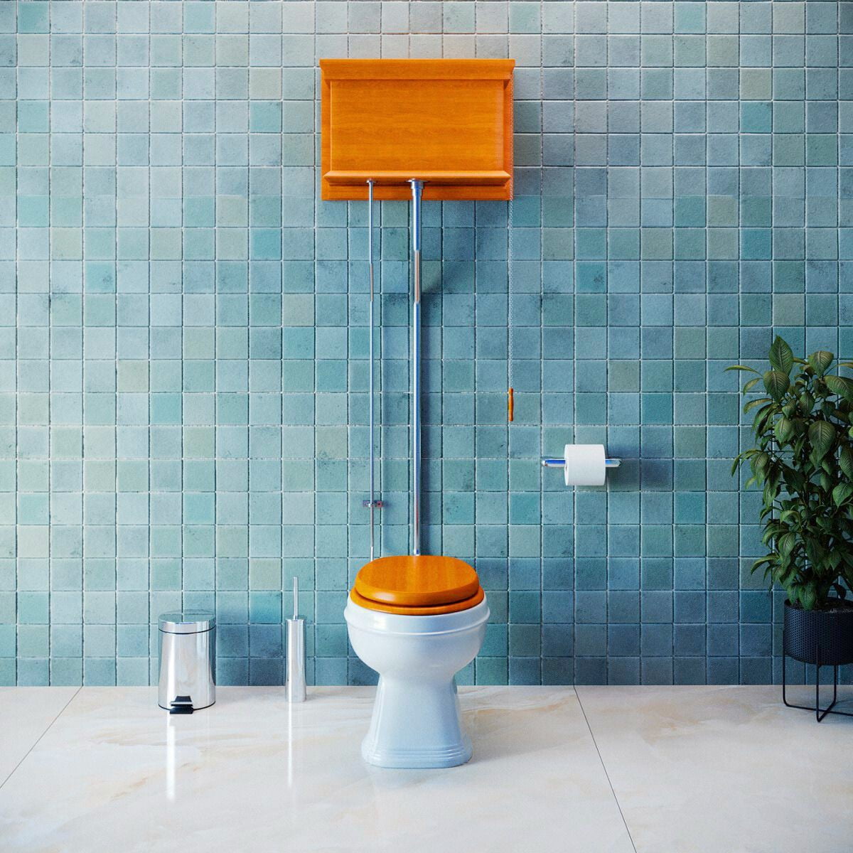 High Tank Pull Chain Toilet White Elongated Ceramic Bowl w/Light Oak ...