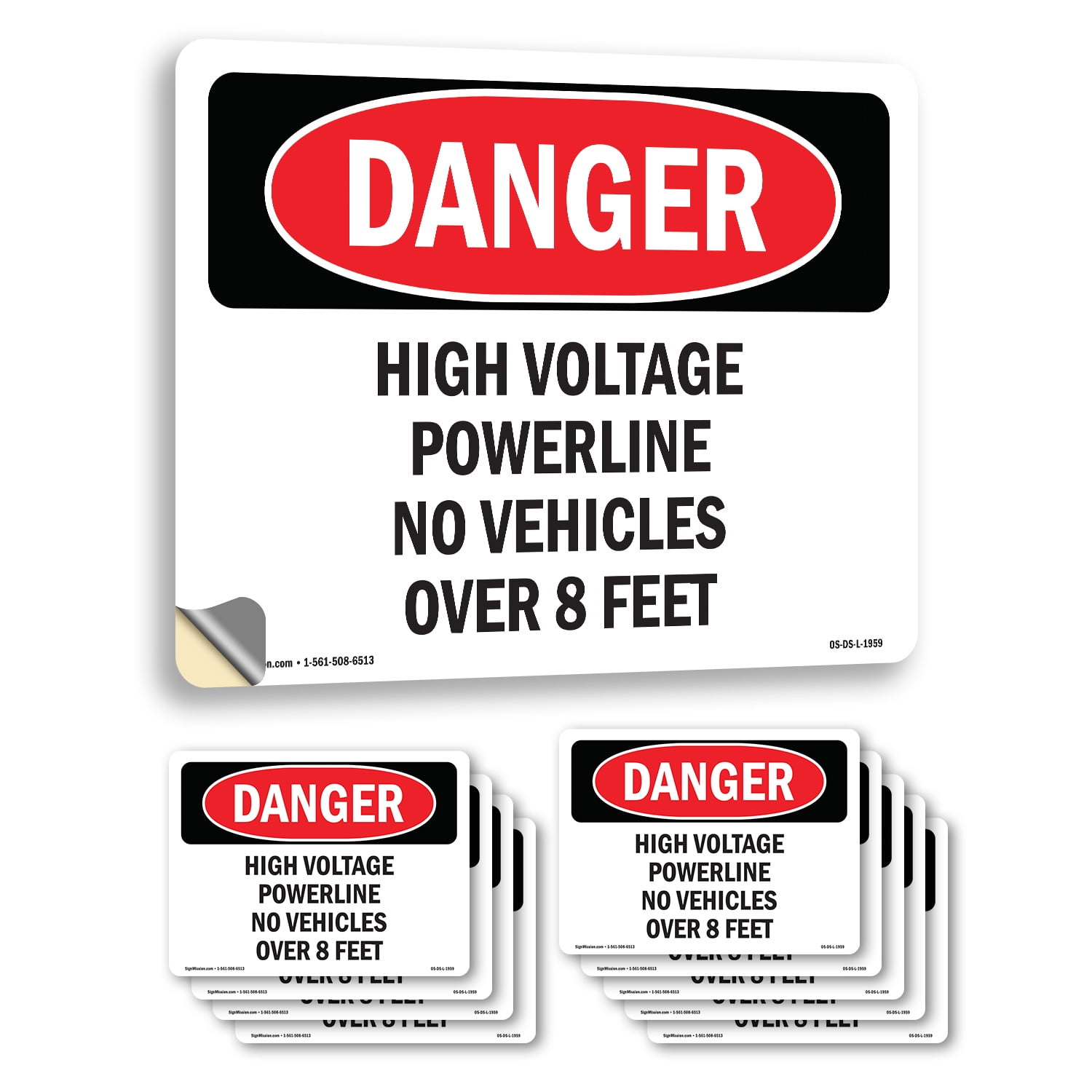 High Voltage Powerline No Vehicles Over 8 Feet OSHA Danger Vinyl Decal ...