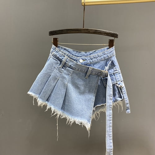 High Waist Irregular Pink Denim Skirt - Women‘s Summer A-Line Workwear ...