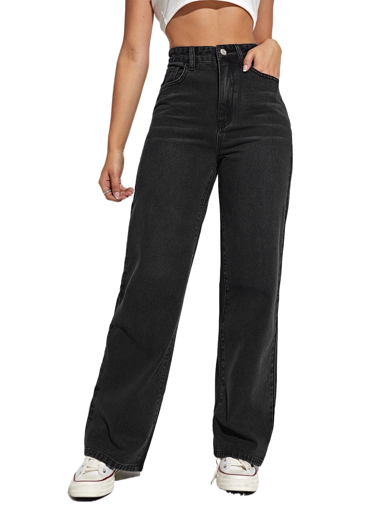 High Waist Slant Pocket Straight Leg Jeans - Walmart.com