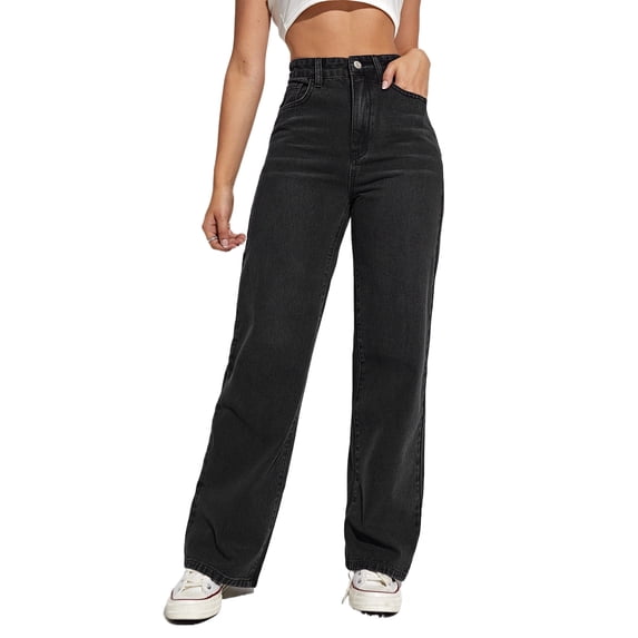 High Waist Slant Pocket Straight Leg Jeans - Walmart.com
