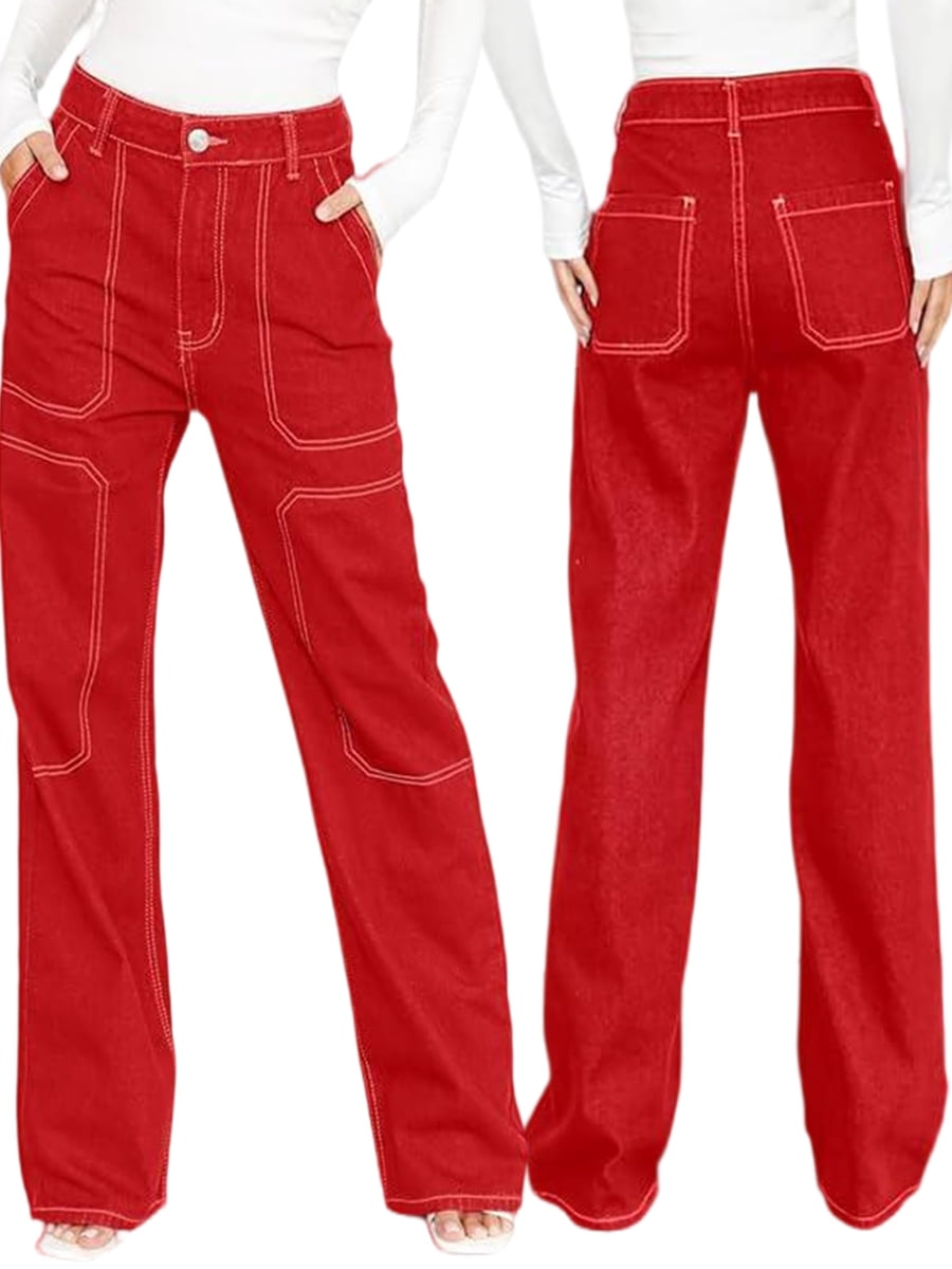 High Waist Straight Leg Jeans, Red with Contrast Stitching, Wide Leg ...