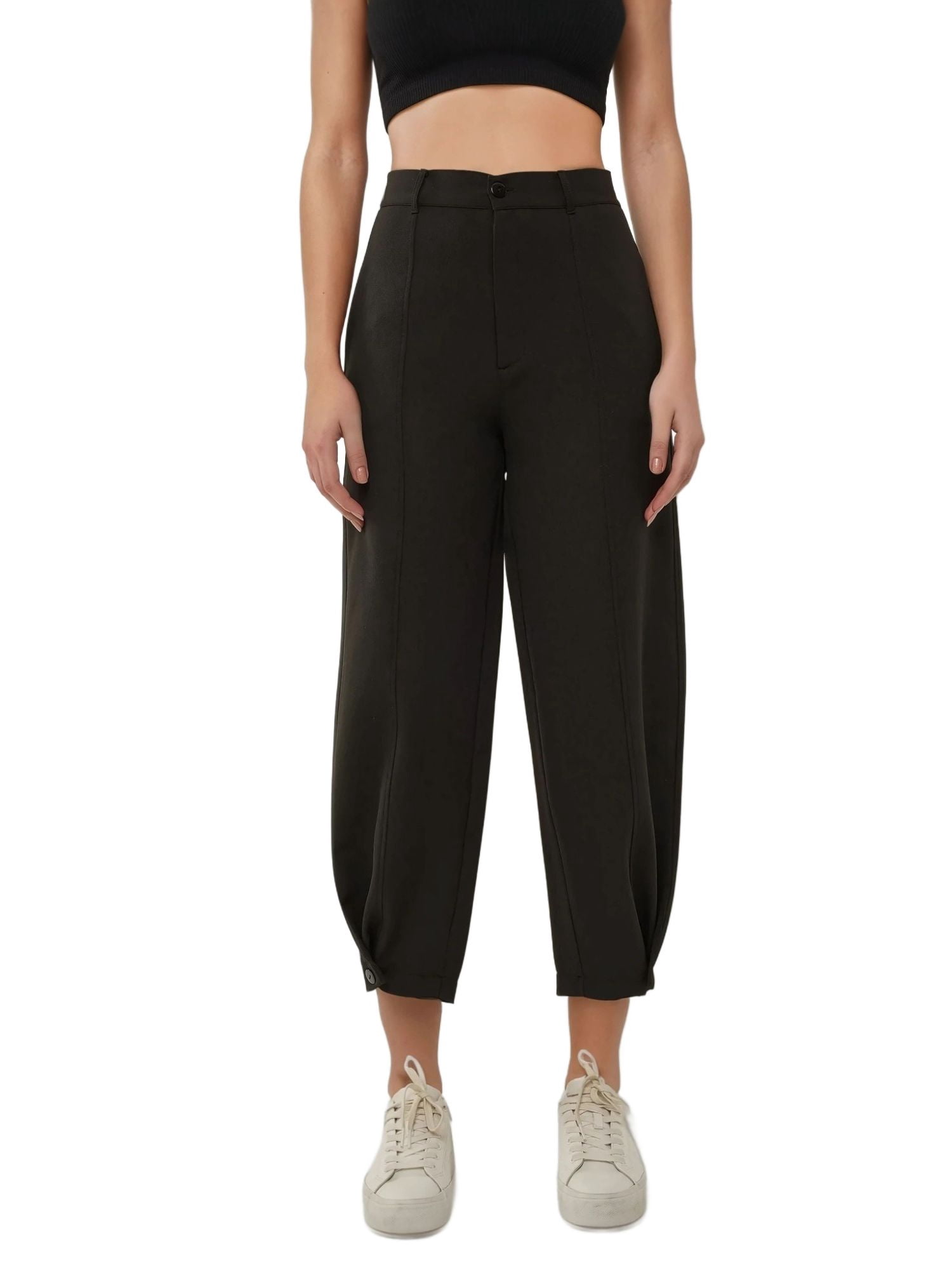 High Waist Tapered Pants with Waist Button Detail - Walmart.com